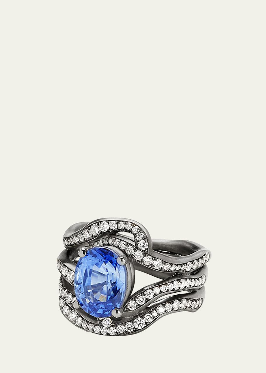 Alberto Milani 18K White Gold Oak Ring with Pave Diamonds and Sapphire ...