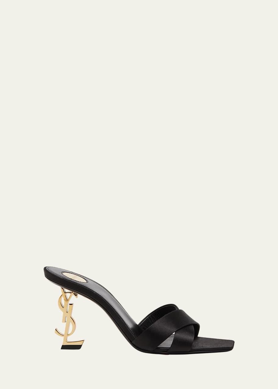 Saint Laurent Opyum YSL Logo-Heel Satin Slide Sandals - Bergdorf Goodman