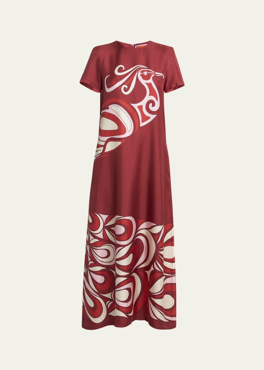 La DoubleJ Peacock-Print Silk Short-Sleeve Ankle Swing Dress - Bergdorf ...