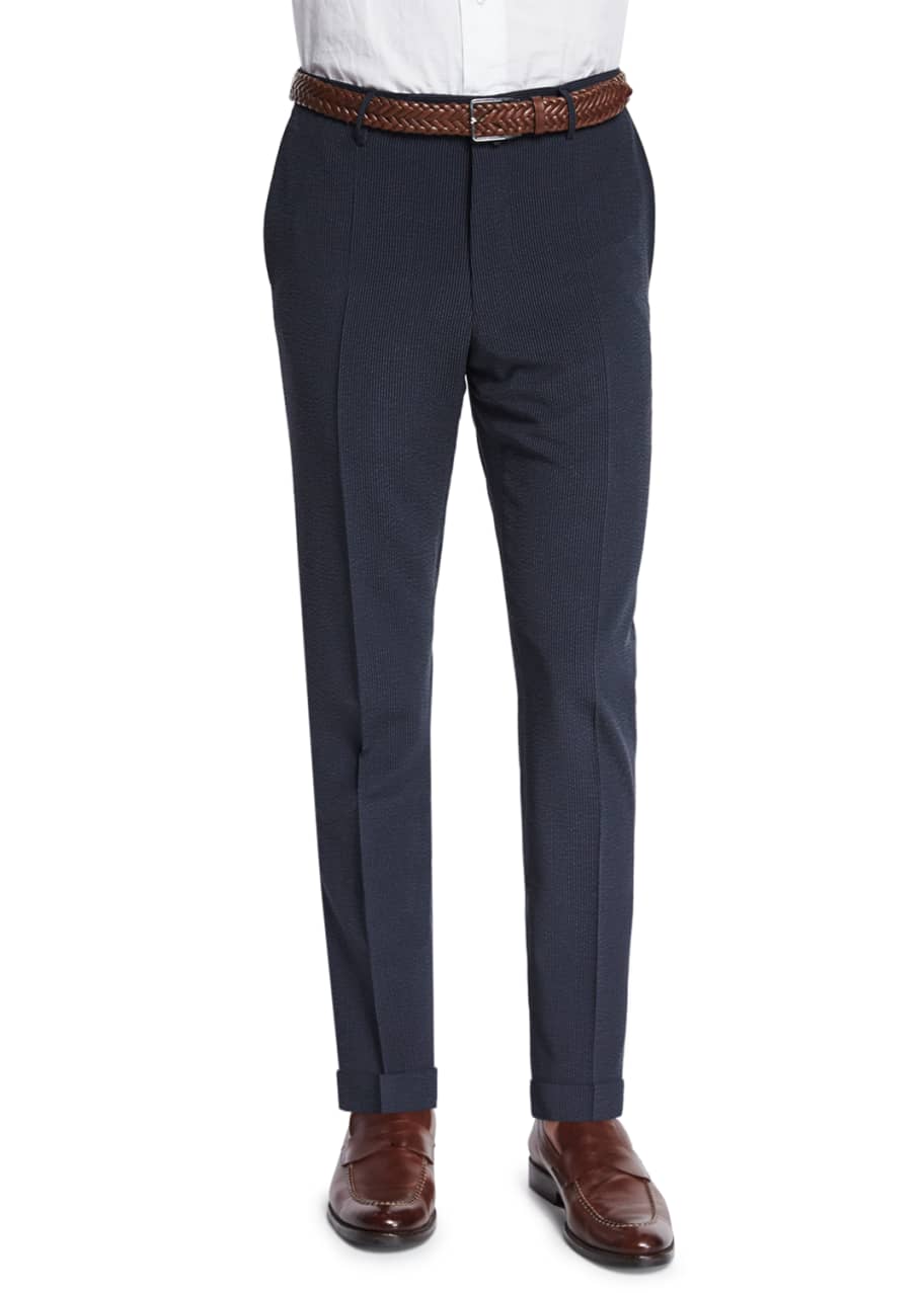 Incotex Standard-Fit Striped Seersucker Trousers, Navy - Bergdorf Goodman