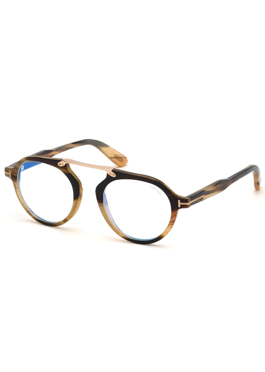 TOM FORD Men's Tom N.15 Shiny Horn Round Blue-Blocking Glasses ...