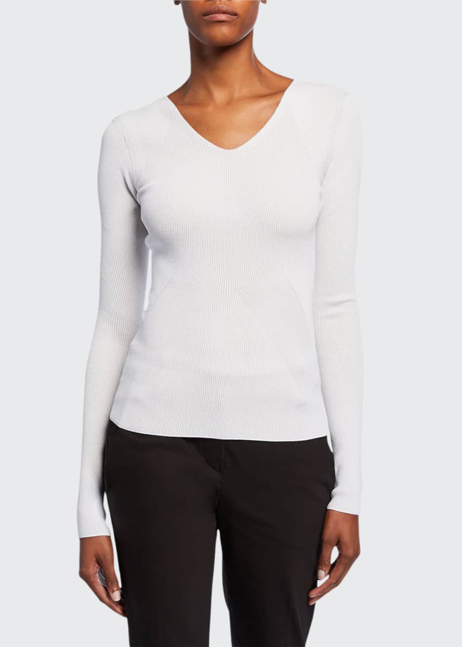 Narciso Rodriguez Ribbed Compact Long-Sleeve V-Neck Top - Bergdorf Goodman