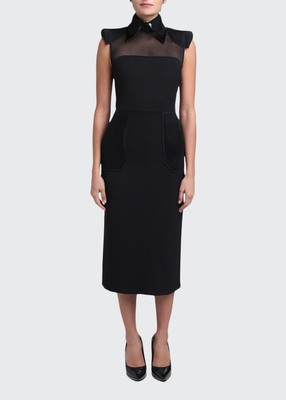 Fendi Wool Crepe Leather-Collar Strong-Shoulder Dress - Bergdorf Goodman