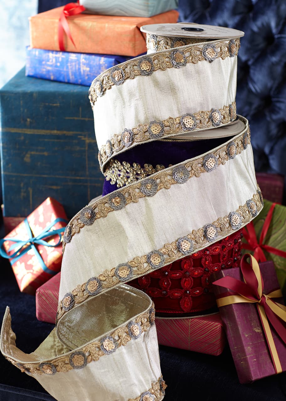 D. Stevens Platinum Metallic Faux Doupioni Ribbon with Sequins, 4" x 5 ...