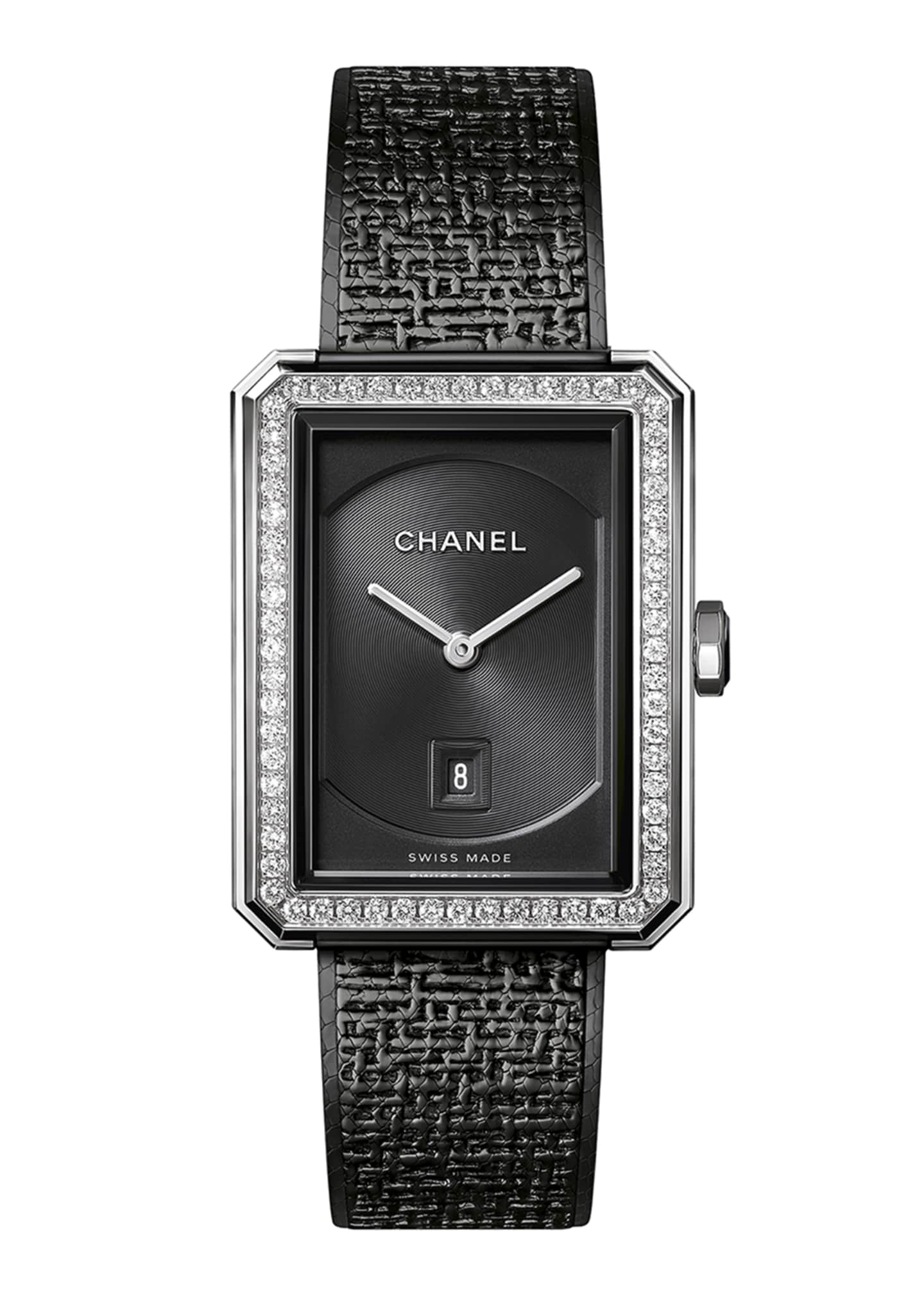 CHANEL BLACK TWEED MEDIUM DIAMOND BEZEL WATCH - Bergdorf Goodman