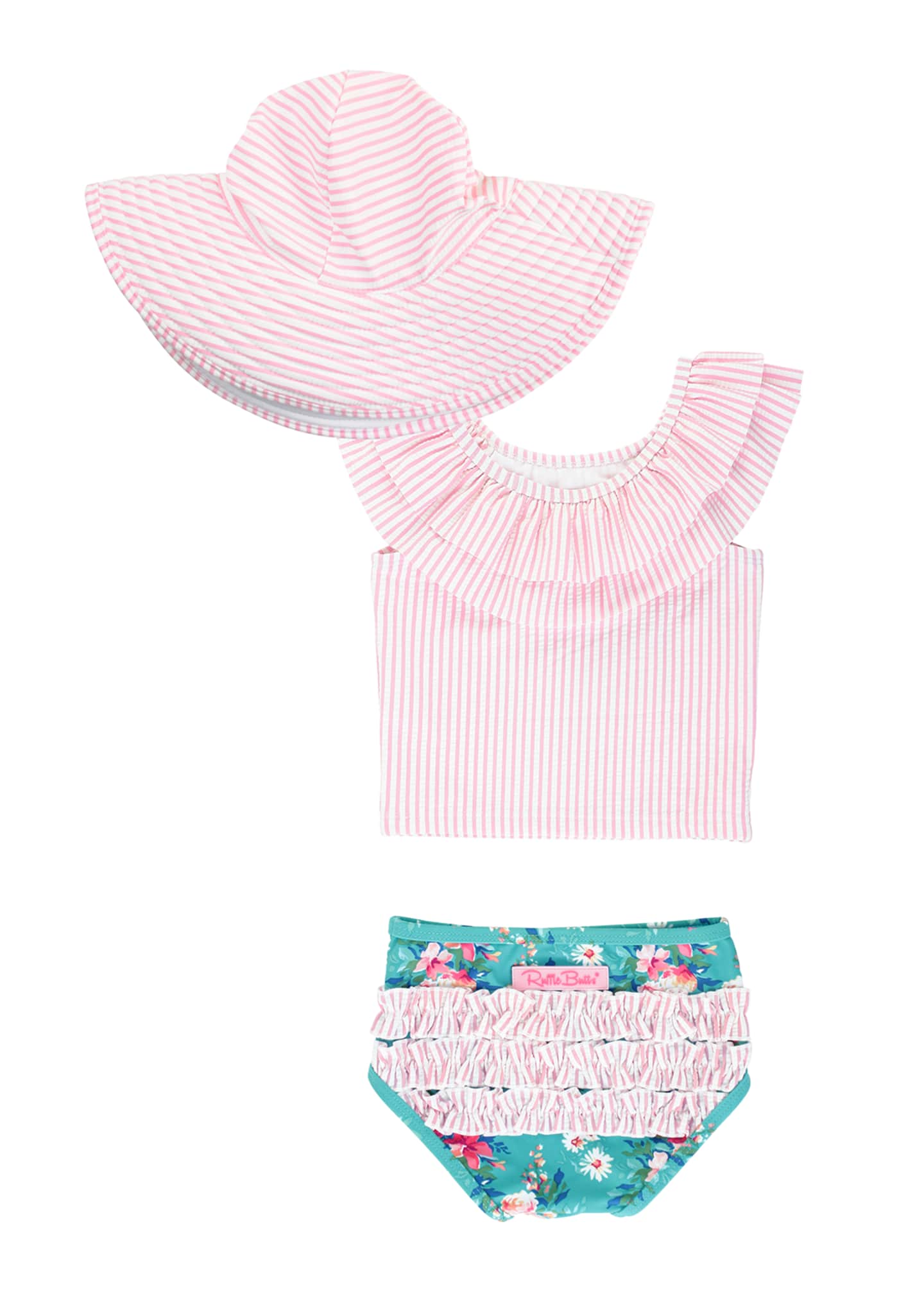 RuffleButts Girl's Seersucker Floral Tankini w/ Sun Hat, Size 3M-10 ...