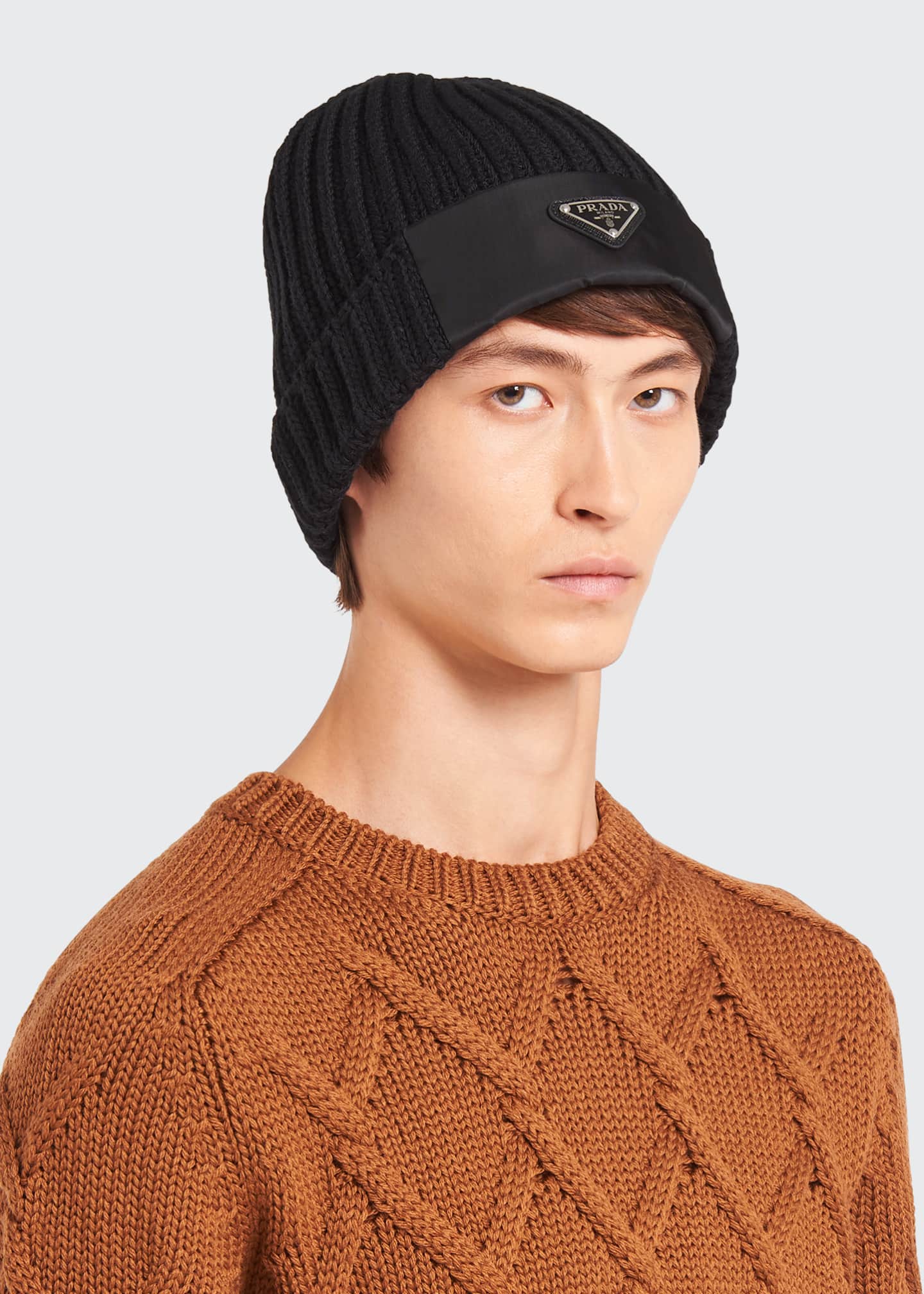 Prada Men's Cable-Knit Logo Beanie Hat - Bergdorf Goodman