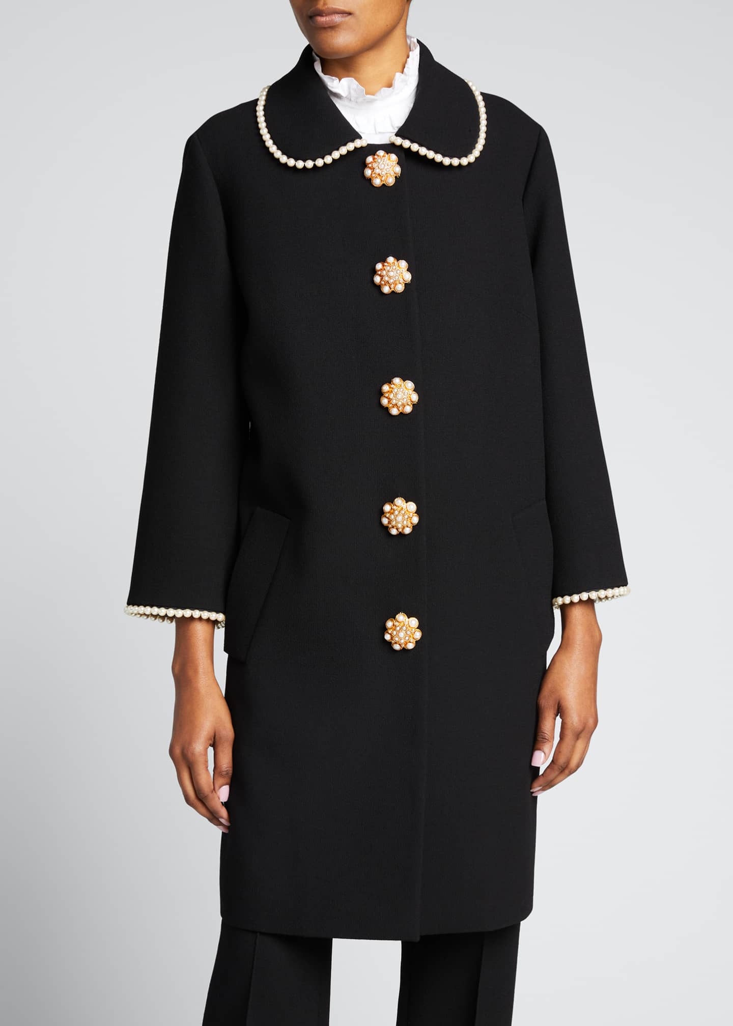 Andrew Gn Pearl-Trimmed Long Coat w/ Jewel Buttons - Bergdorf Goodman