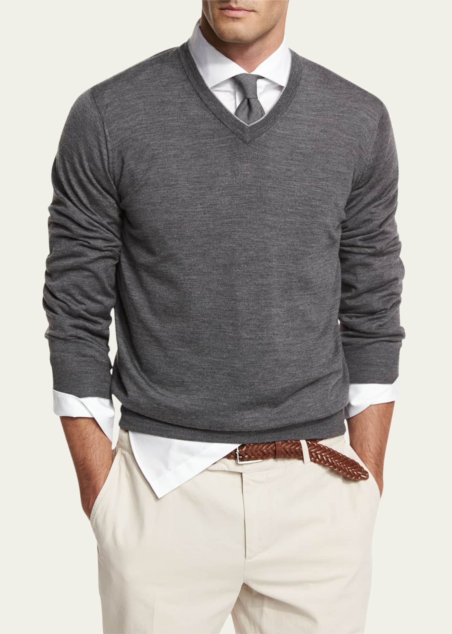 Brunello Cucinelli Fine-Gauge Tipped V-Neck Sweater - Bergdorf Goodman