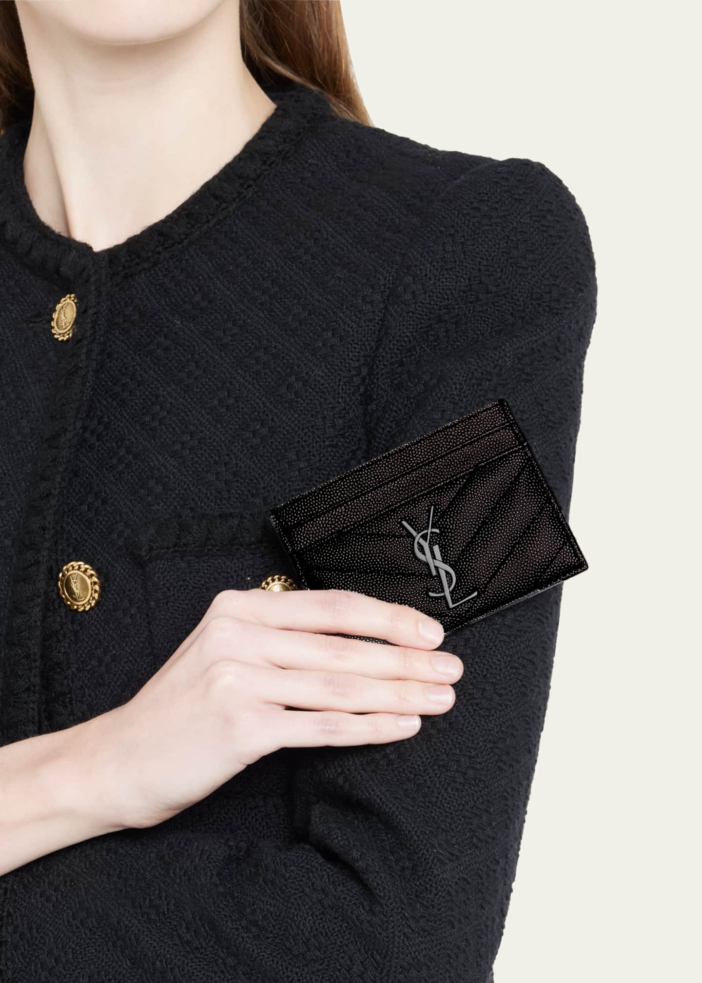 Saint Laurent YSL Monogram Card Case in Grained Leather - Bergdorf Goodman