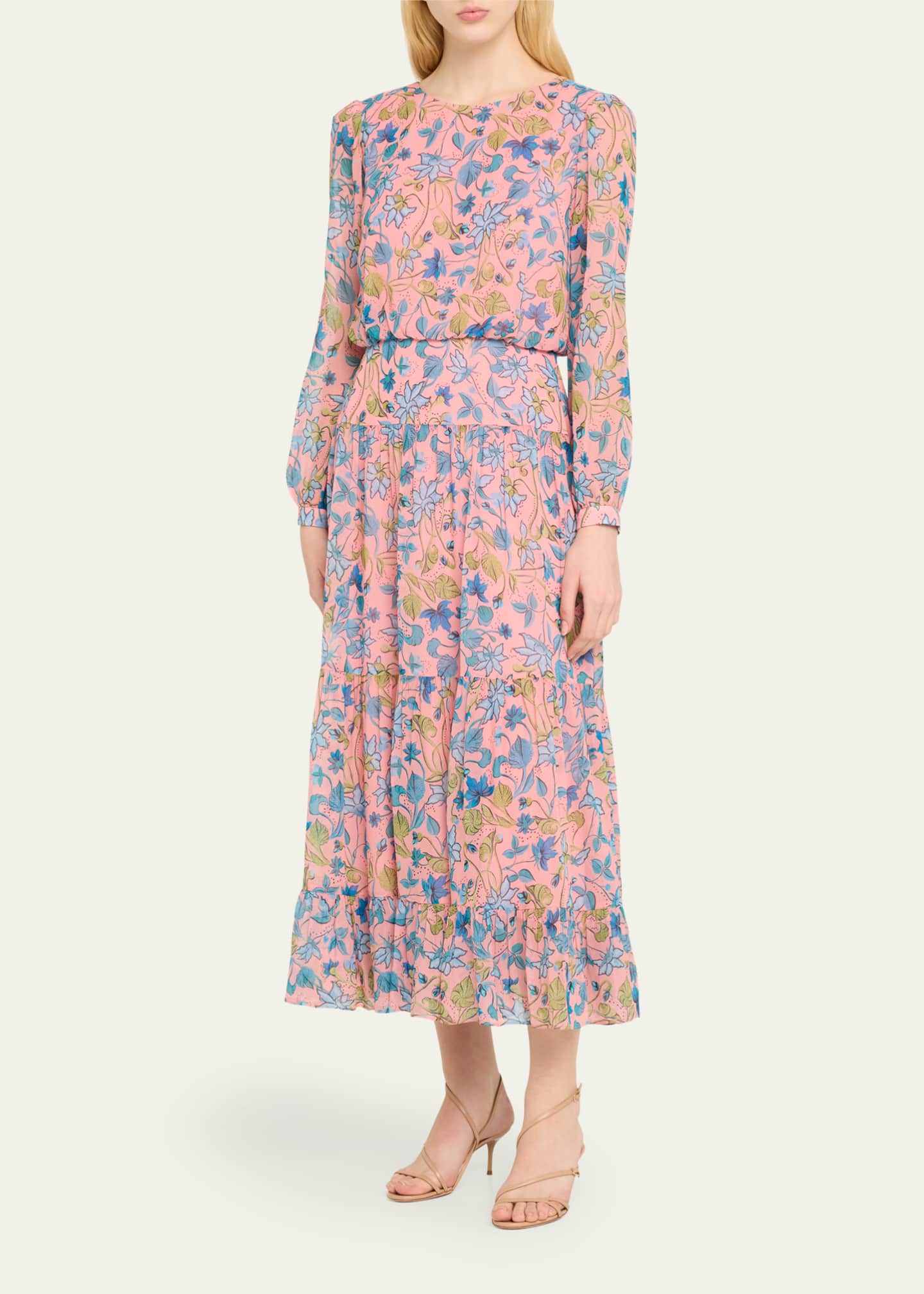 Saloni Isabel Silk Tiered Long-Sleeve Dress - Bergdorf Goodman