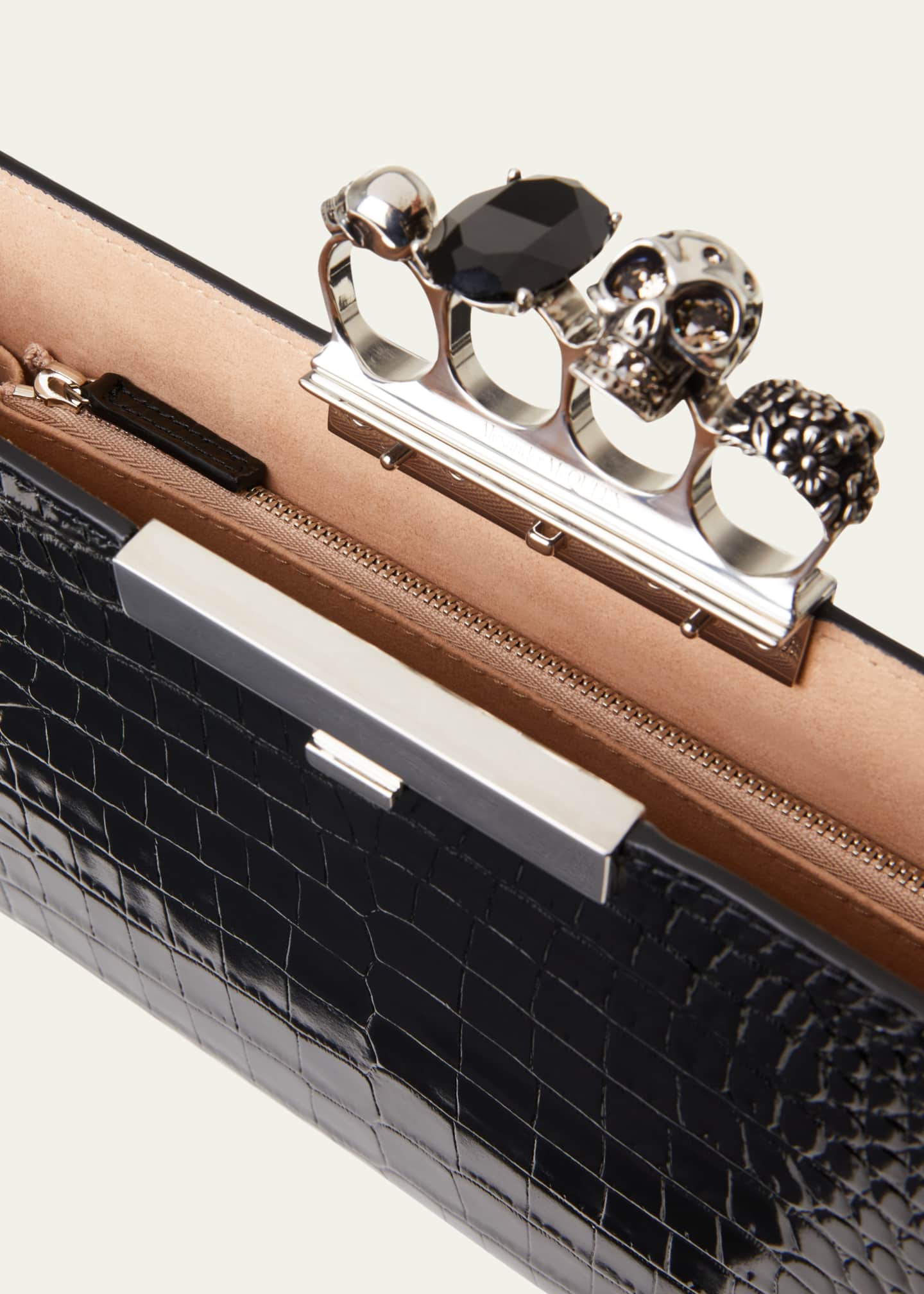 McQueen Shiny Croc-Embossed Flat Knuckle Clutch Bag - Bergdorf Goodman