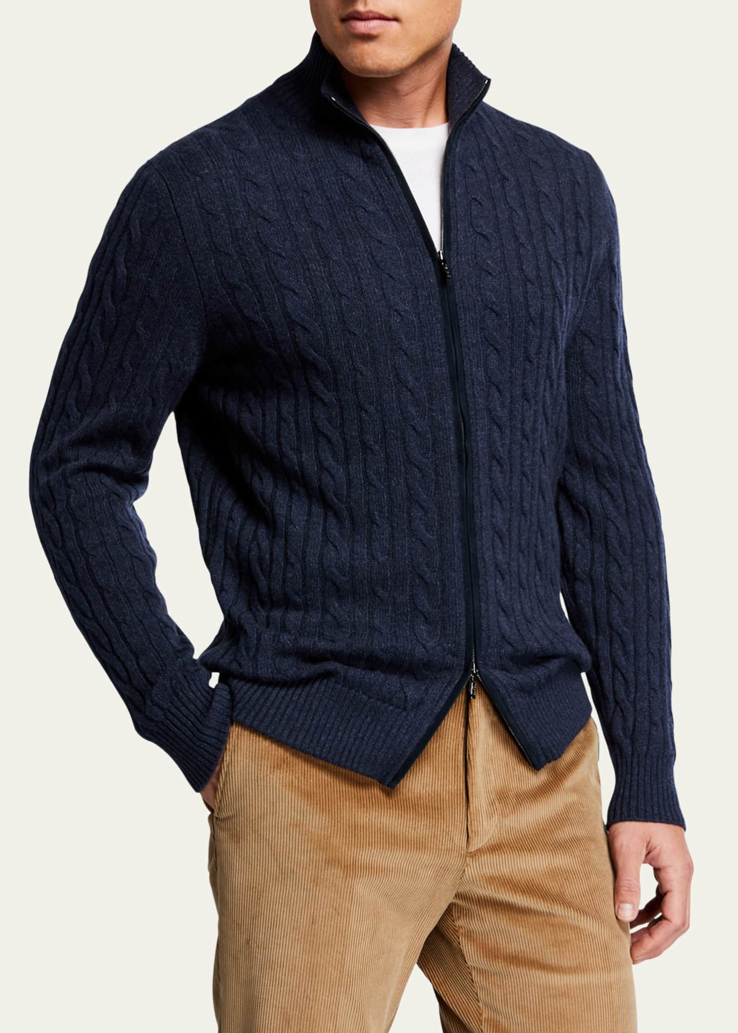Loro Piana Men's Cable-Knit Cashmere Zip-Front Sweater - Bergdorf Goodman
