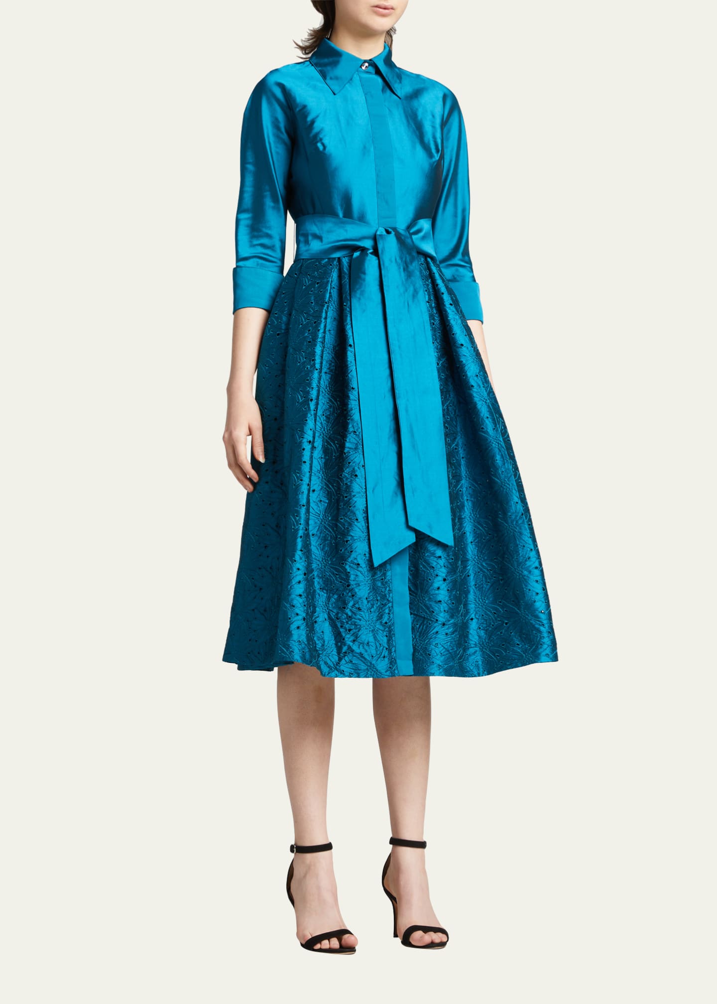 Rickie Freeman for Teri Jon Taffeta Shirt Dress w/ Eyelet Skirt ...