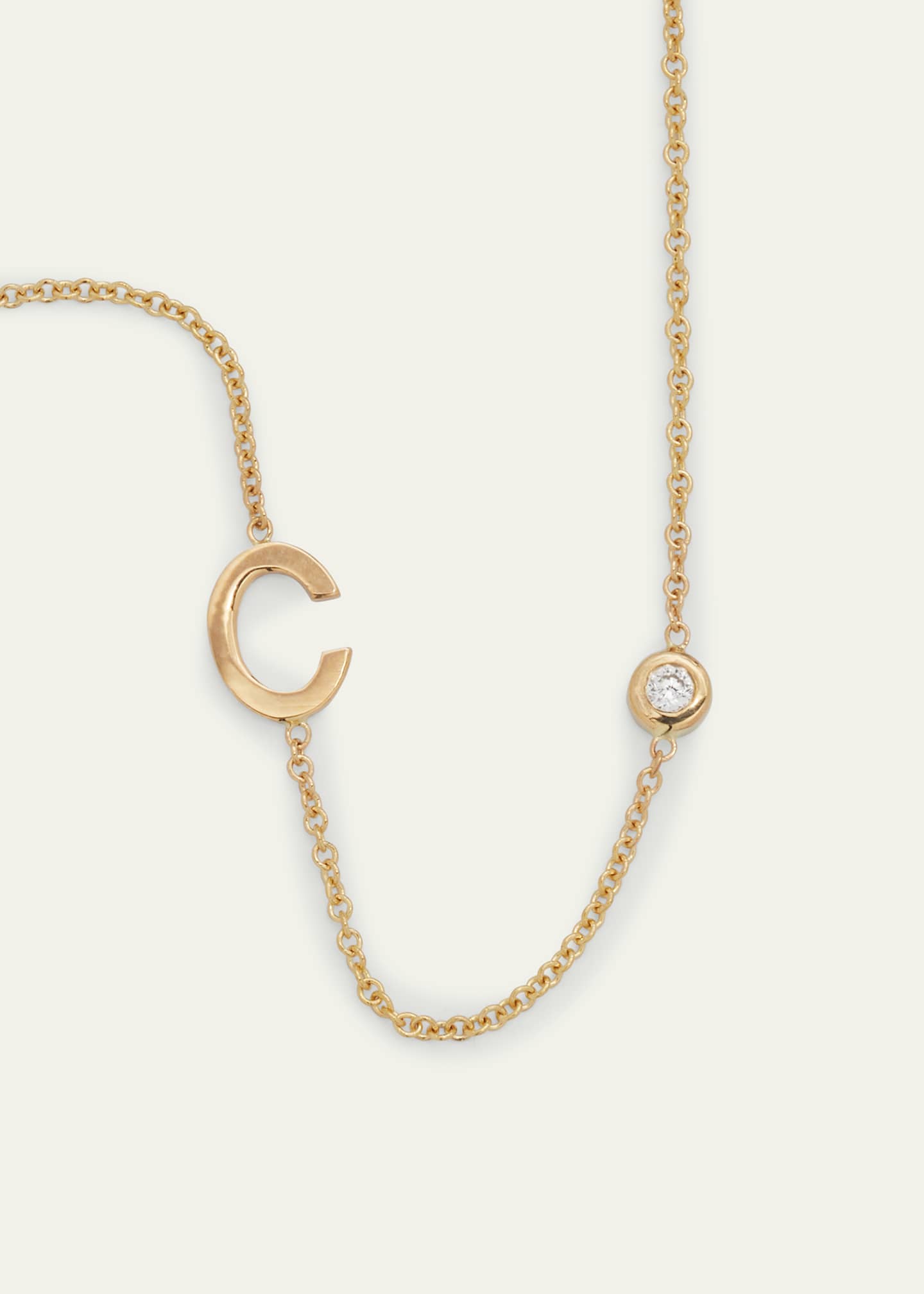 Zoe Lev Jewelry 14K Gold Asymmetrical Initial and Bezel Diamond Necklace 16 18 L