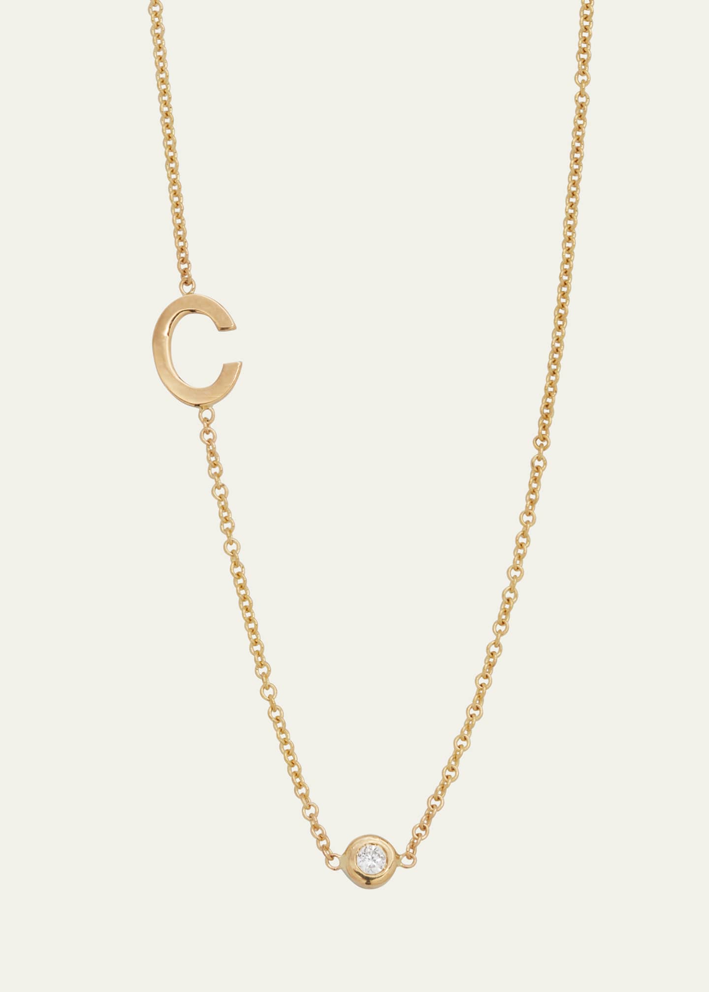Zoe Lev Jewelry 14K Gold Asymmetrical Initial and Bezel Diamond Necklace 16 18 L