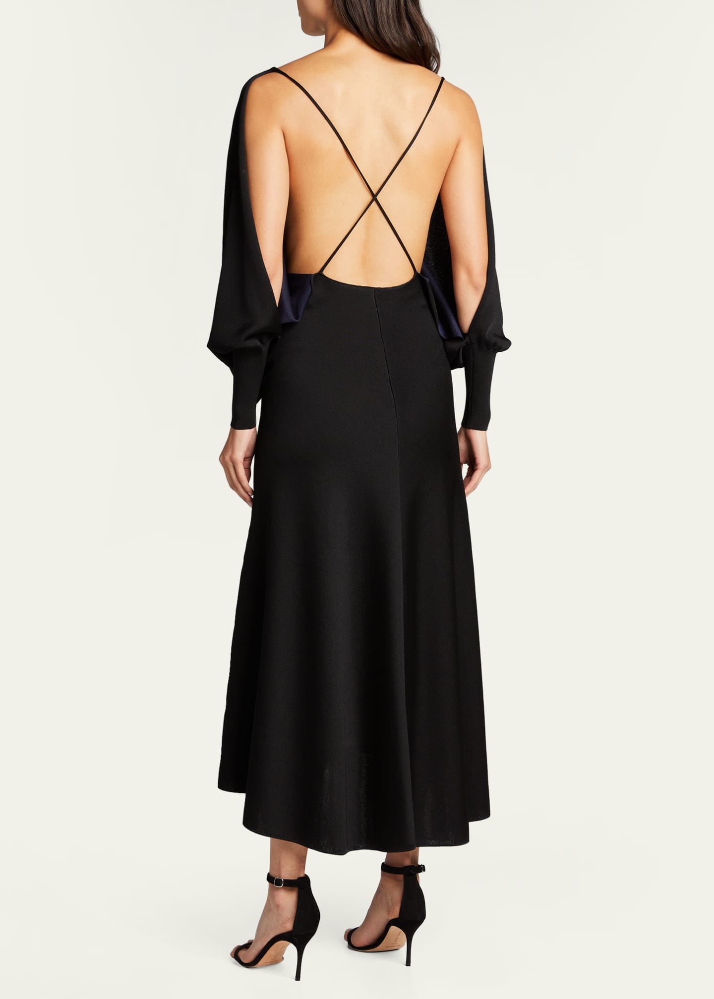 Victoria Beckham Compact Shine Draped-Sleeve Open-Back Midi Dress ...