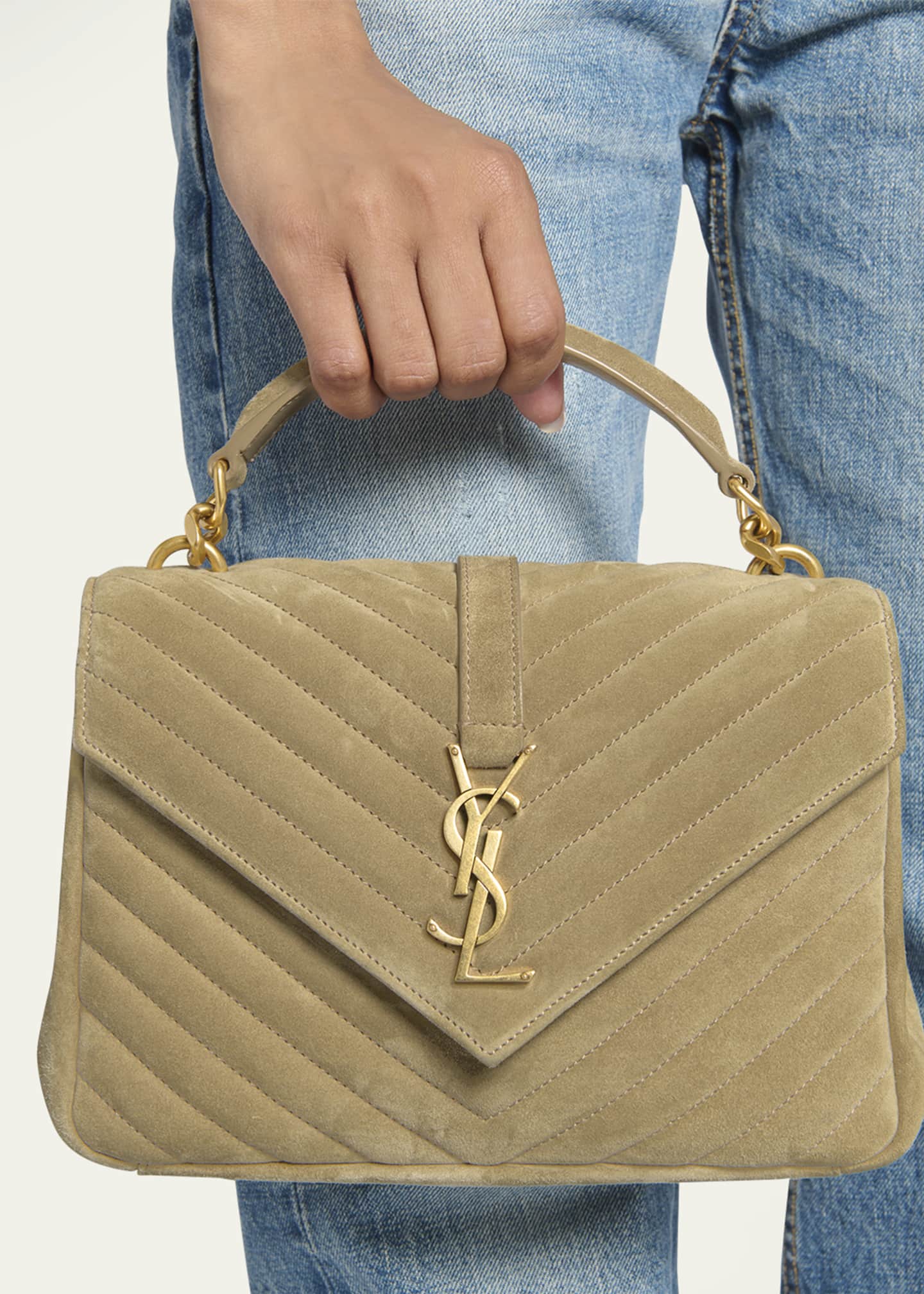 Saint Laurent College Medium Flap YSL Shoulder Bag in Quilted Suede - Bergdorf Goodman