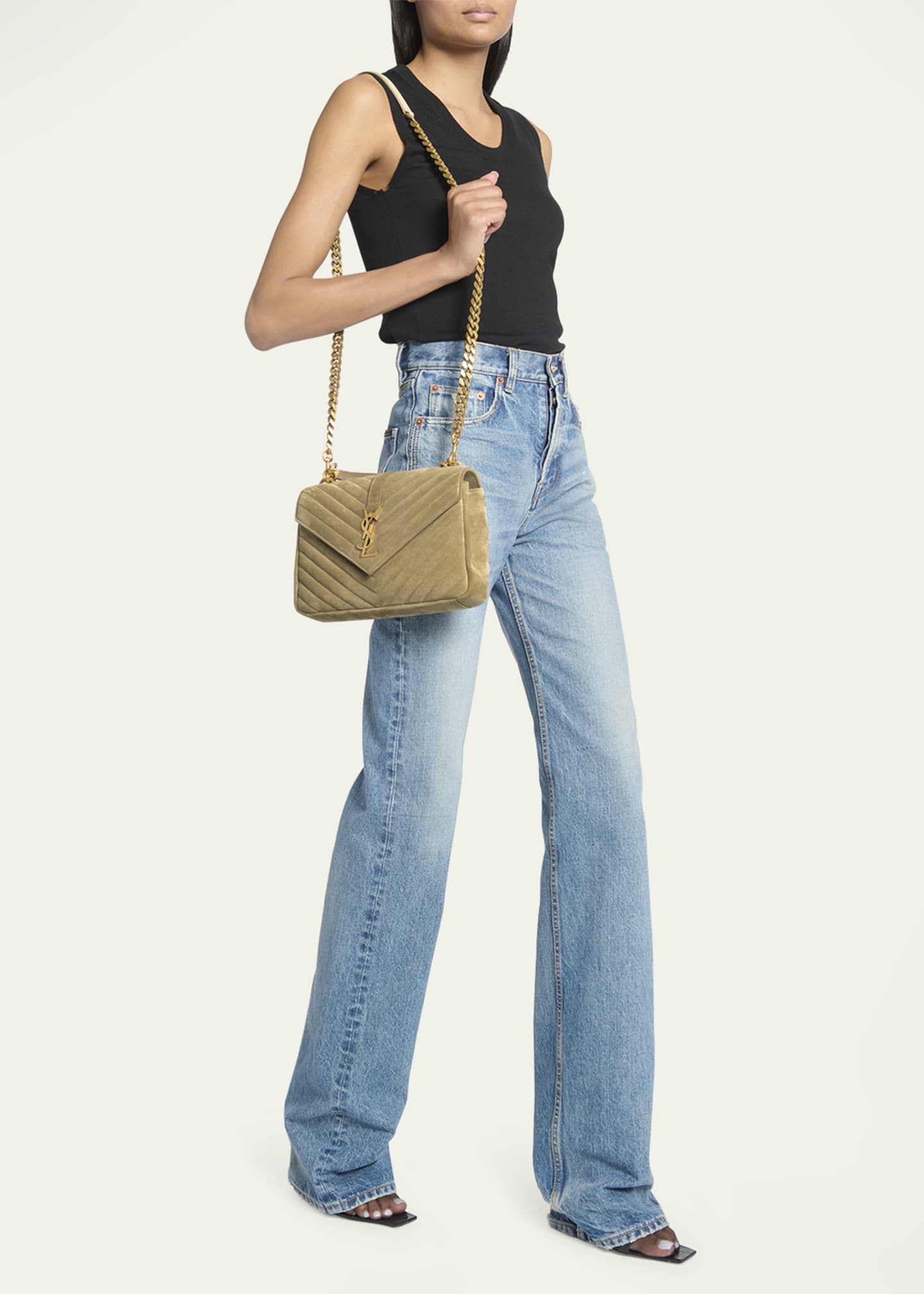 Saint Laurent College Medium Flap YSL Shoulder Bag in Quilted Suede - Bergdorf Goodman