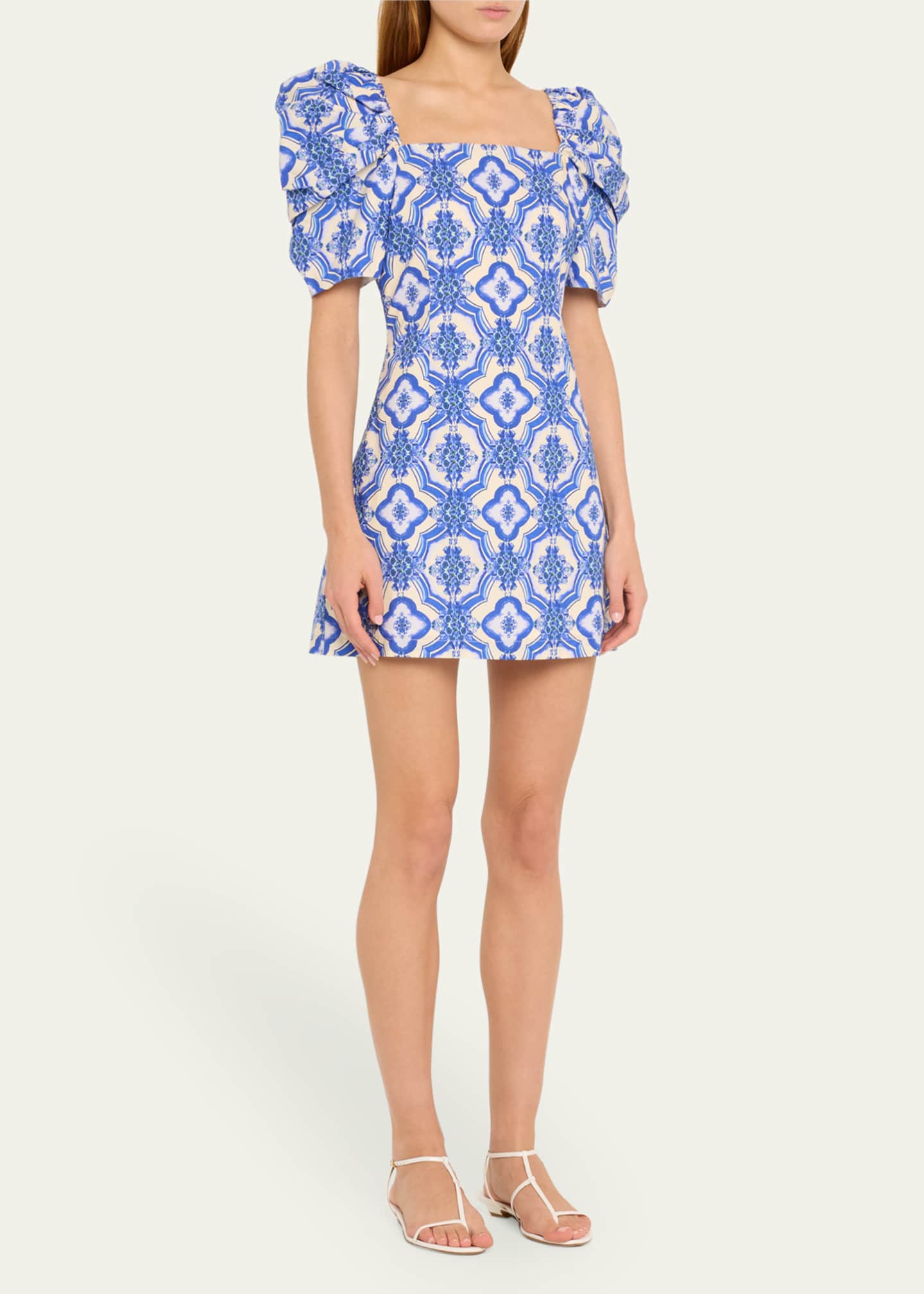 Cara Cara Kelly Blue Tile Print Puff-Sleeve Dress - Bergdorf Goodman