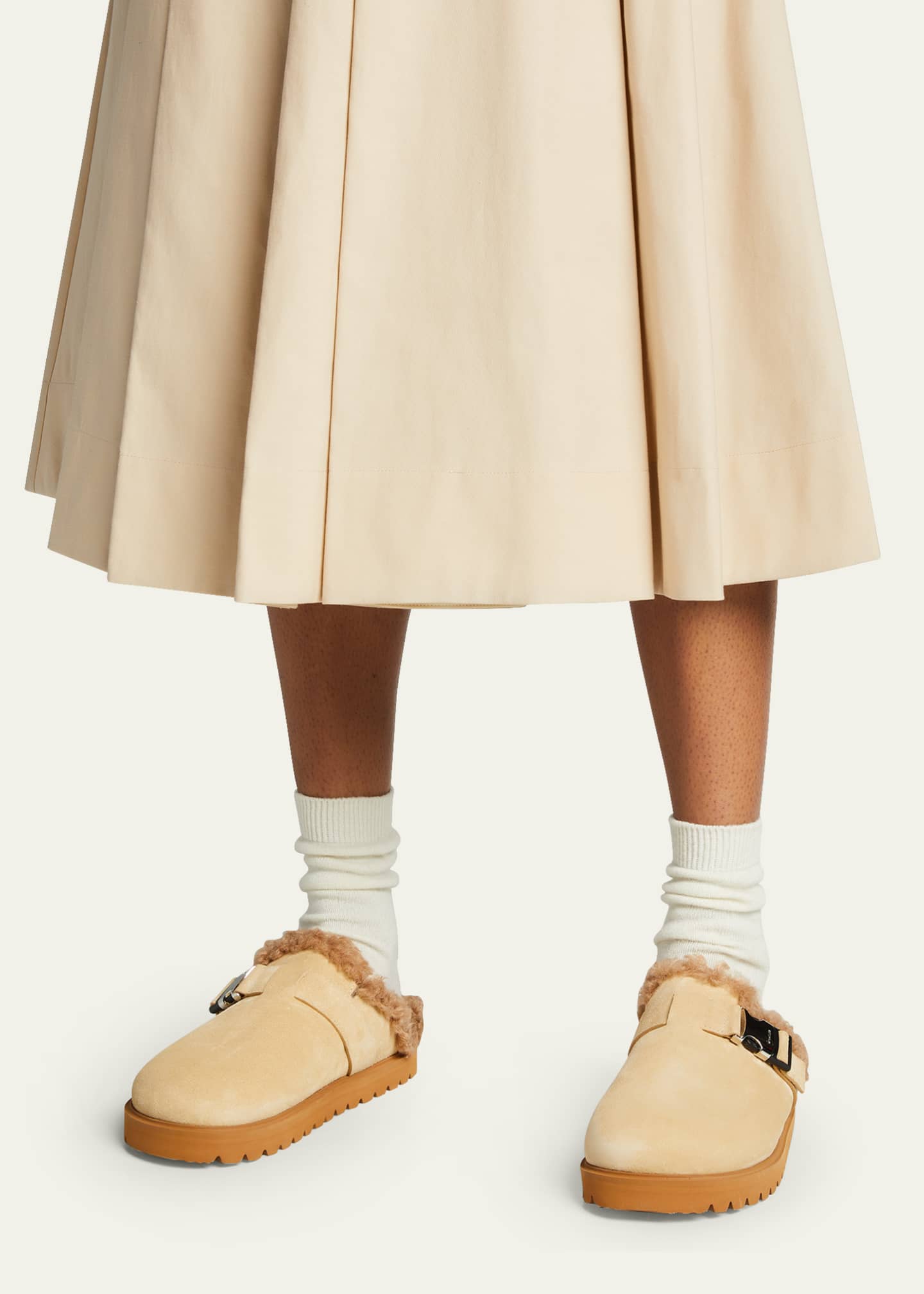 Moncler Mon Mule Suede Shearling-Lined Slide Mules - Bergdorf Goodman