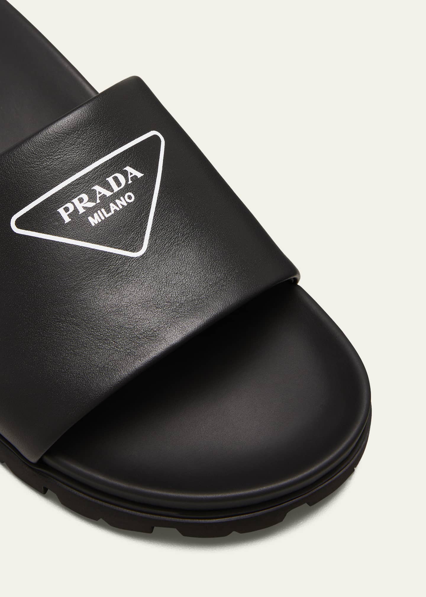 Prada Men's Leather Logo Slide Sandals - Bergdorf Goodman