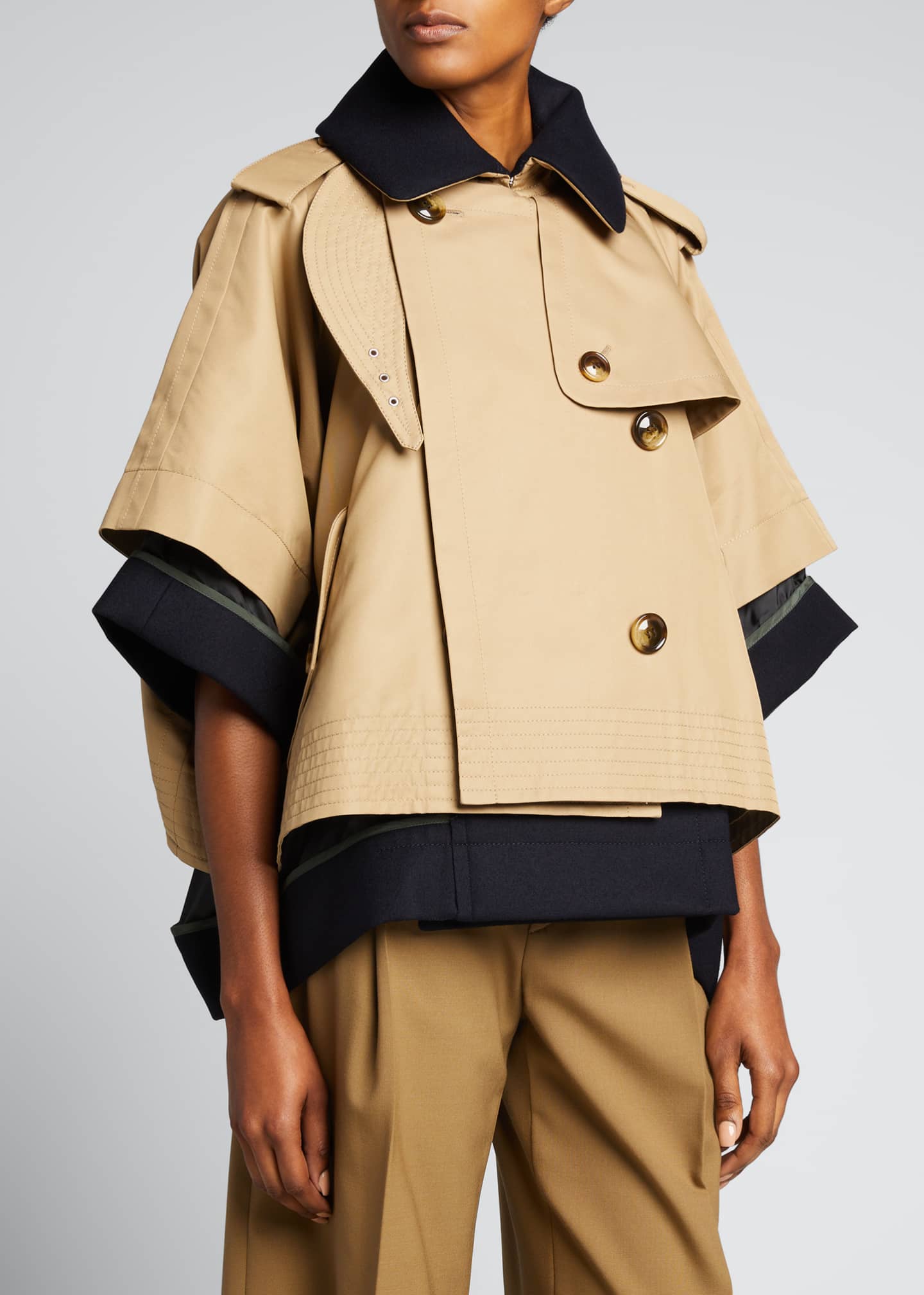 SACAI Mixed-Media Cropped Trench Cape Jacket - Bergdorf Goodman