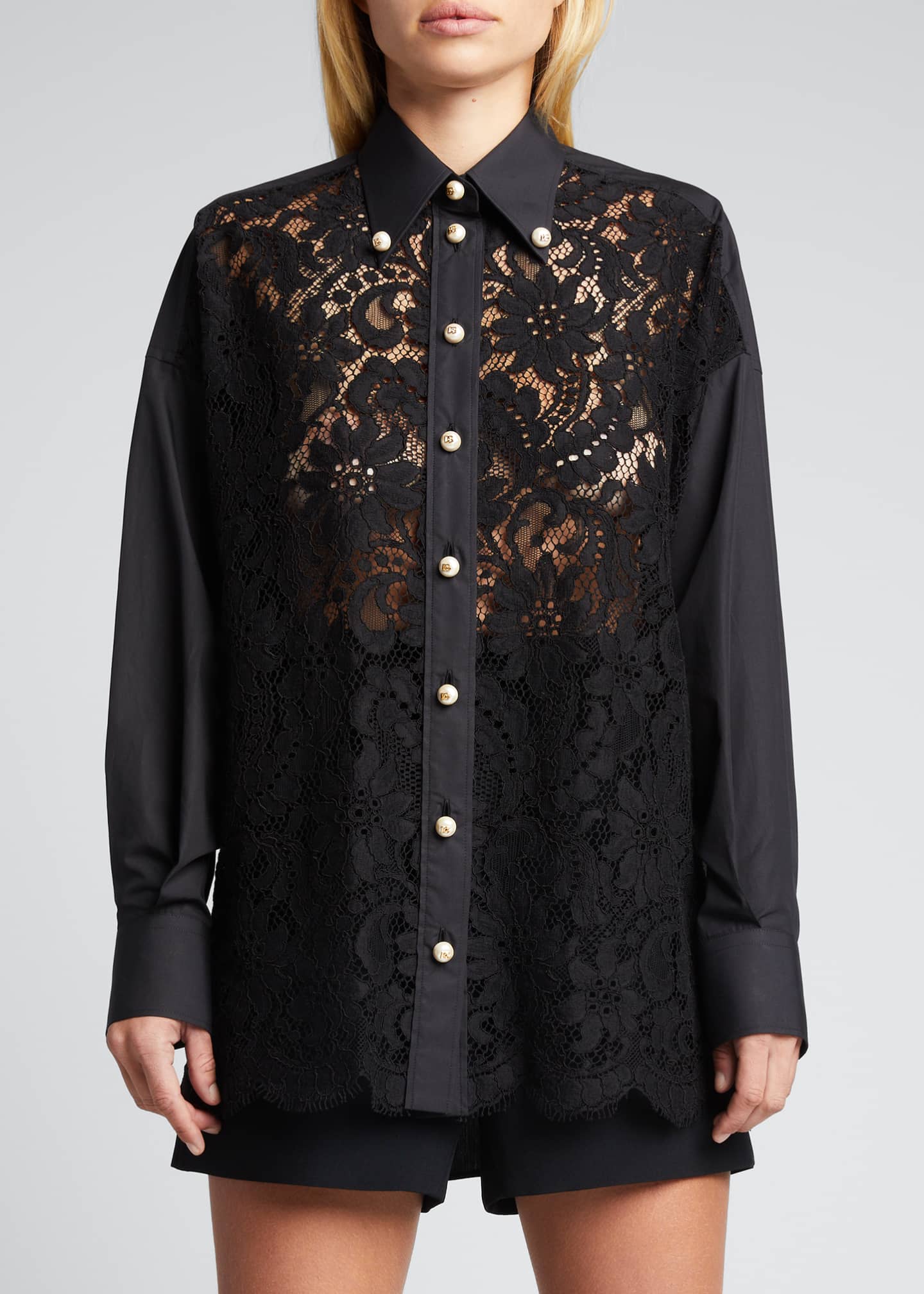 Dolce&Gabbana Lace & Poplin Overshirt w/ Logo Pearl Buttons - Bergdorf ...