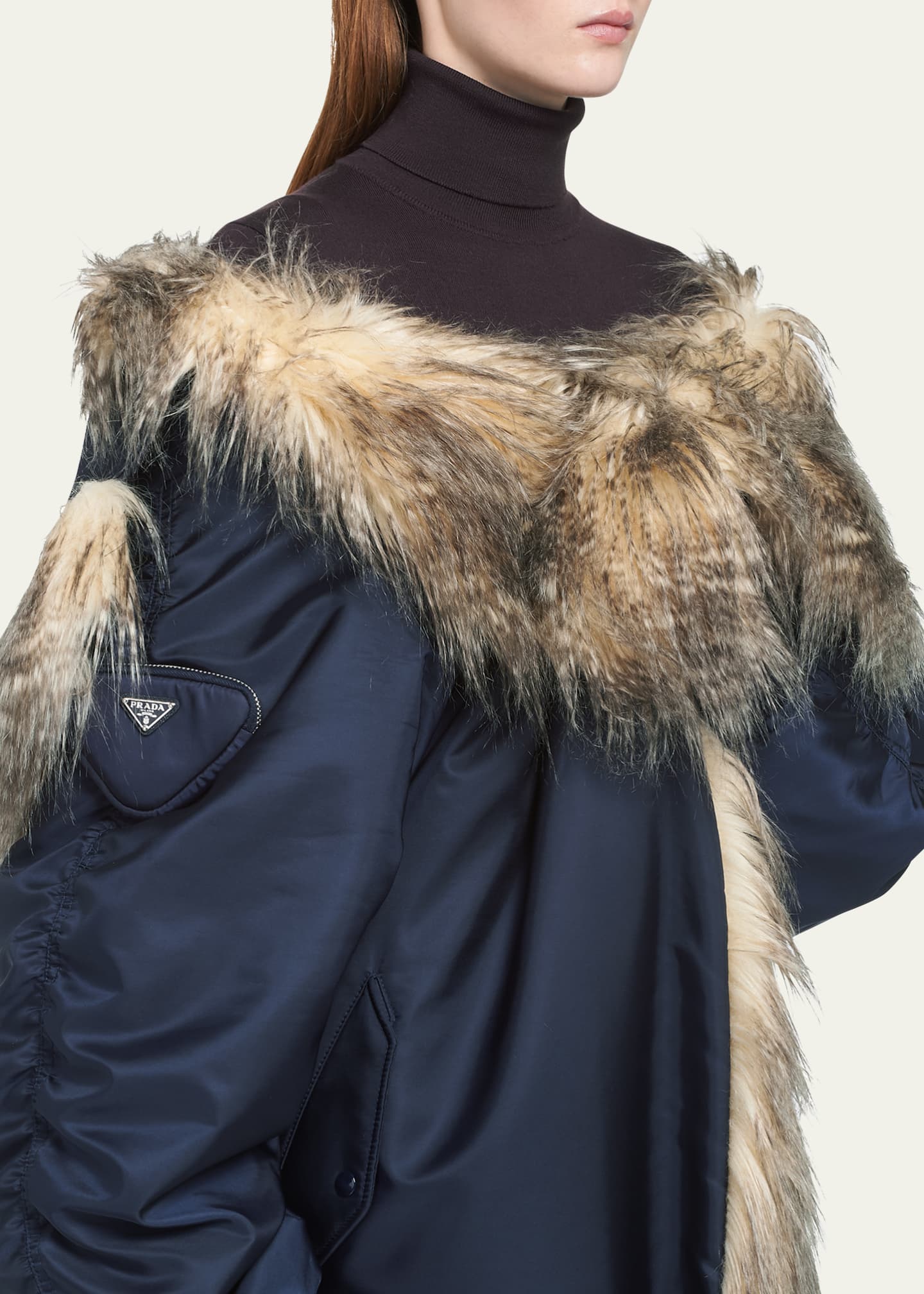 Prada Faux Fur Off-the-Shoulder Re-Nylon Coat - Bergdorf Goodman