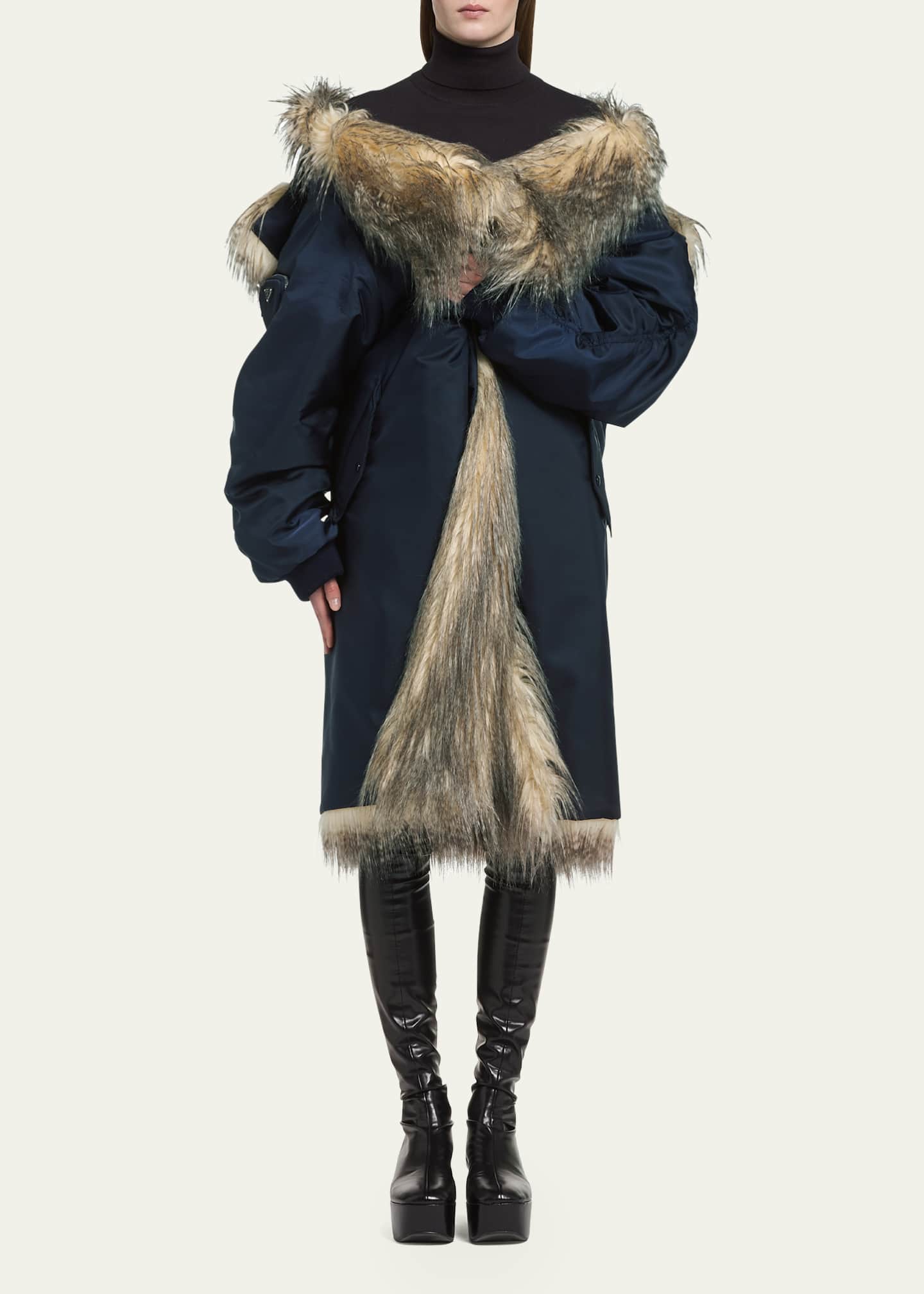 Prada Faux Fur Off-the-Shoulder Re-Nylon Coat - Bergdorf Goodman
