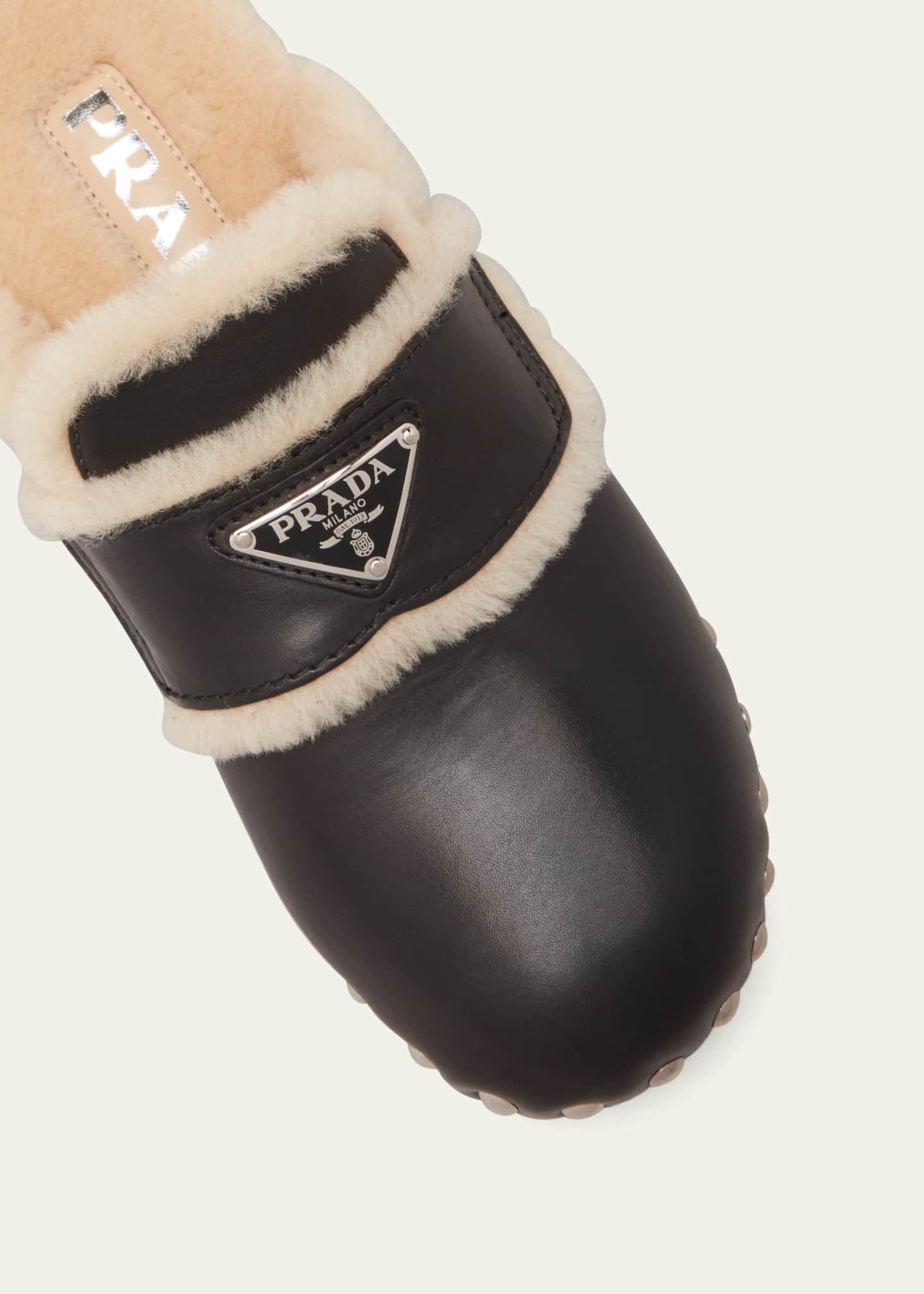Prada Leather Shearling Logo Mule Clogs - Bergdorf Goodman