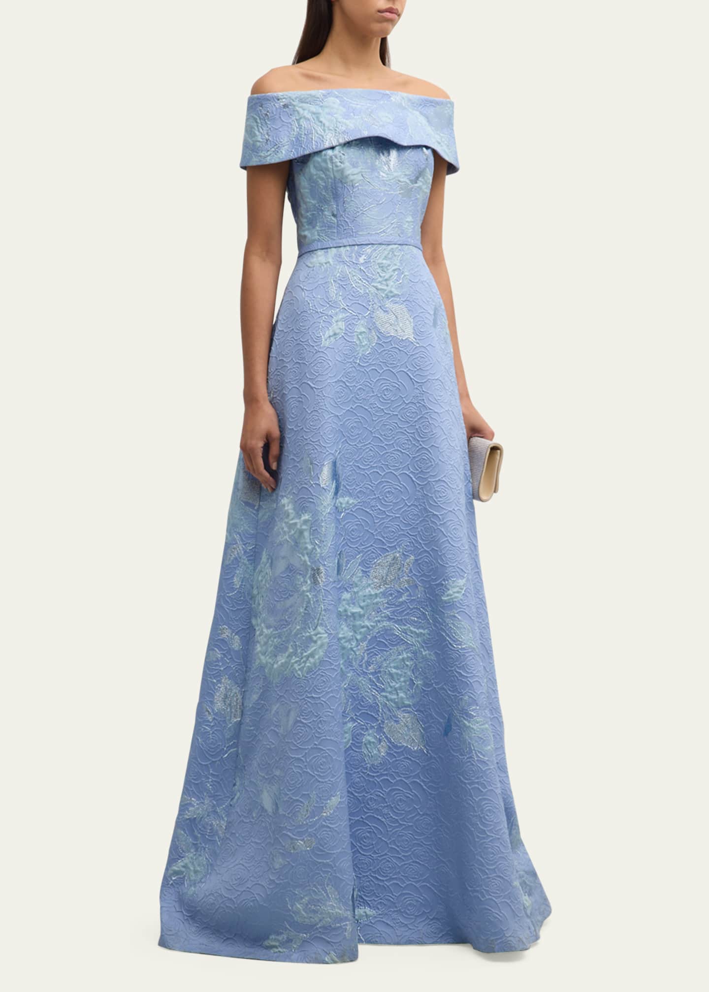 Rickie Freeman for Teri Jon Off-Shoulder Metallic Flower Jacquard Gown ...