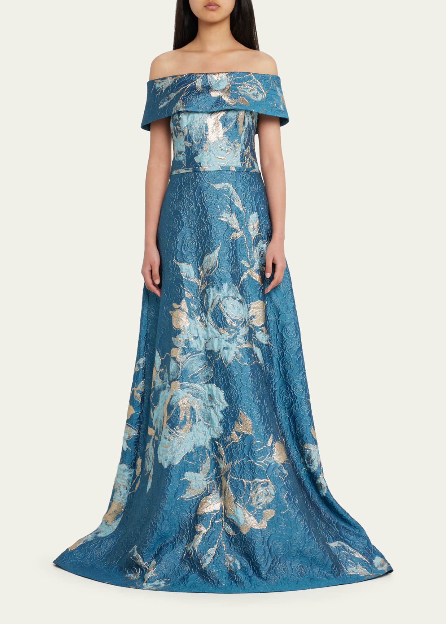 Rickie Freeman for Teri Jon Off-Shoulder Metallic Flower Jacquard Gown ...