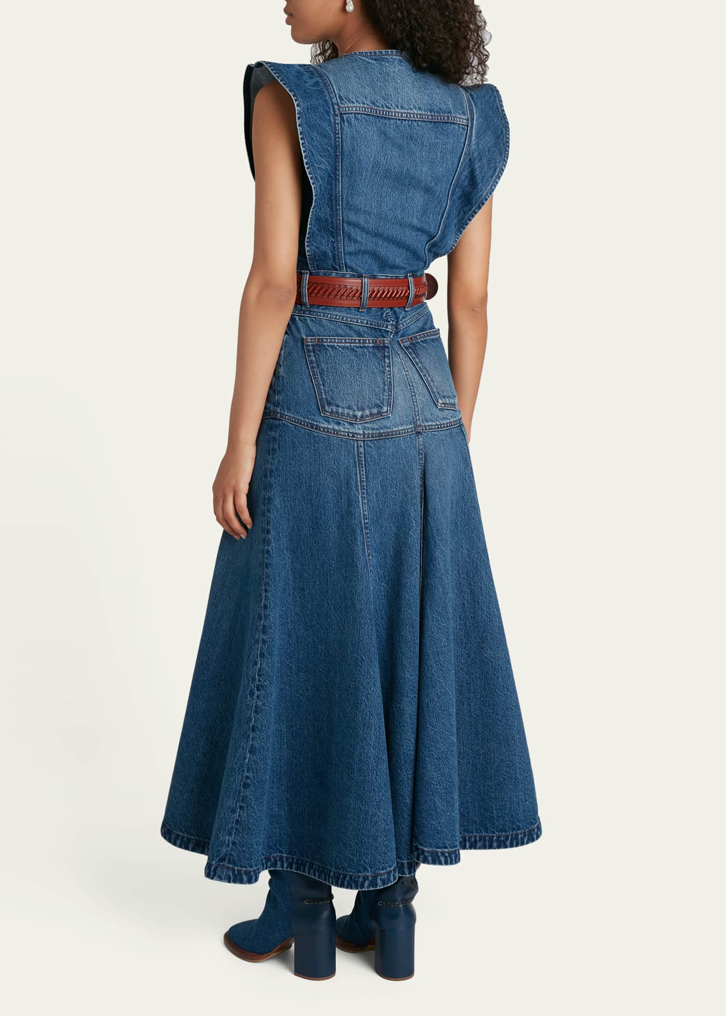 Chloe Denim Flared Basque Cap-Sleeve Midi Dress - Bergdorf Goodman