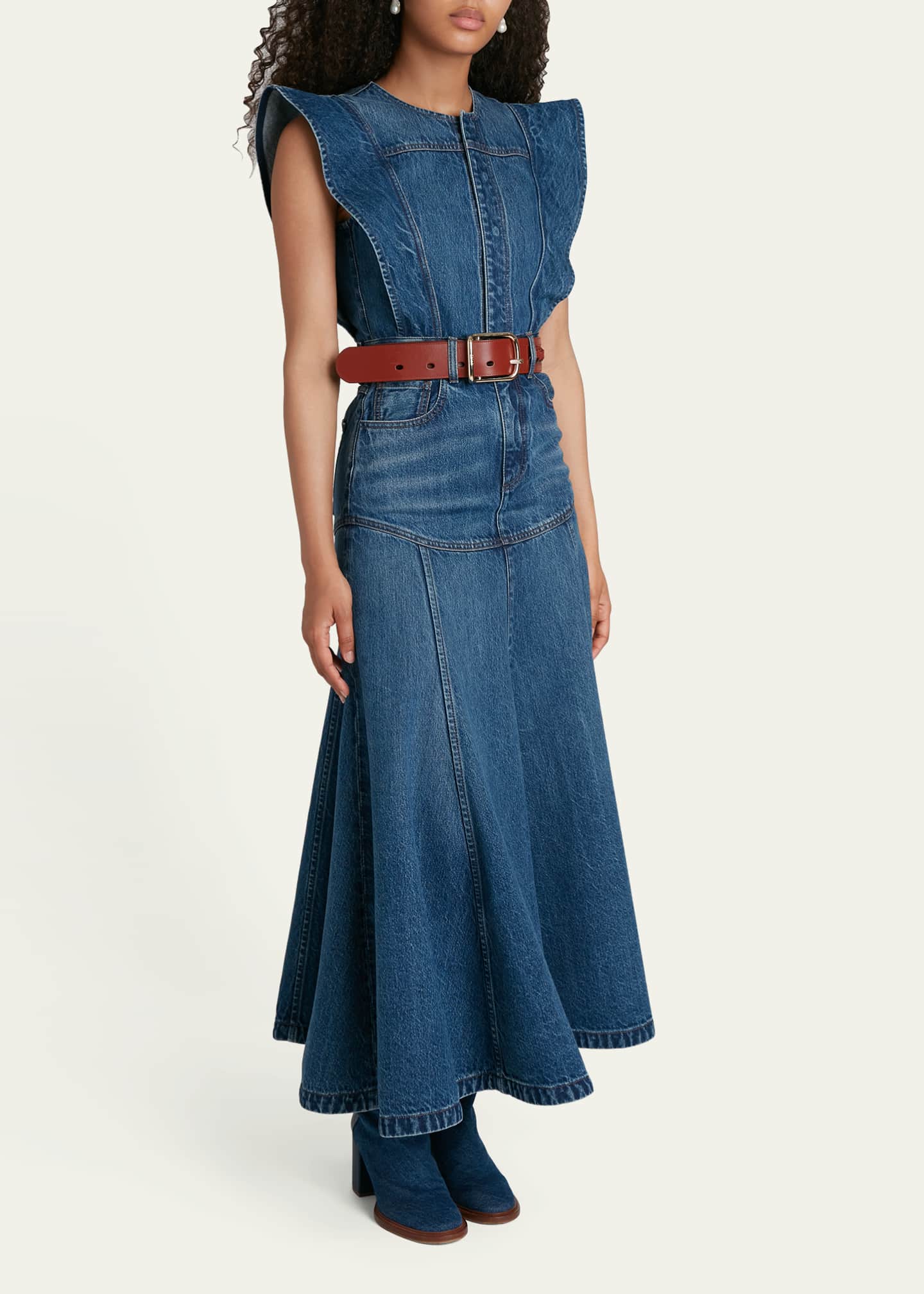 Chloe Denim Flared Basque Cap-Sleeve Midi Dress - Bergdorf Goodman