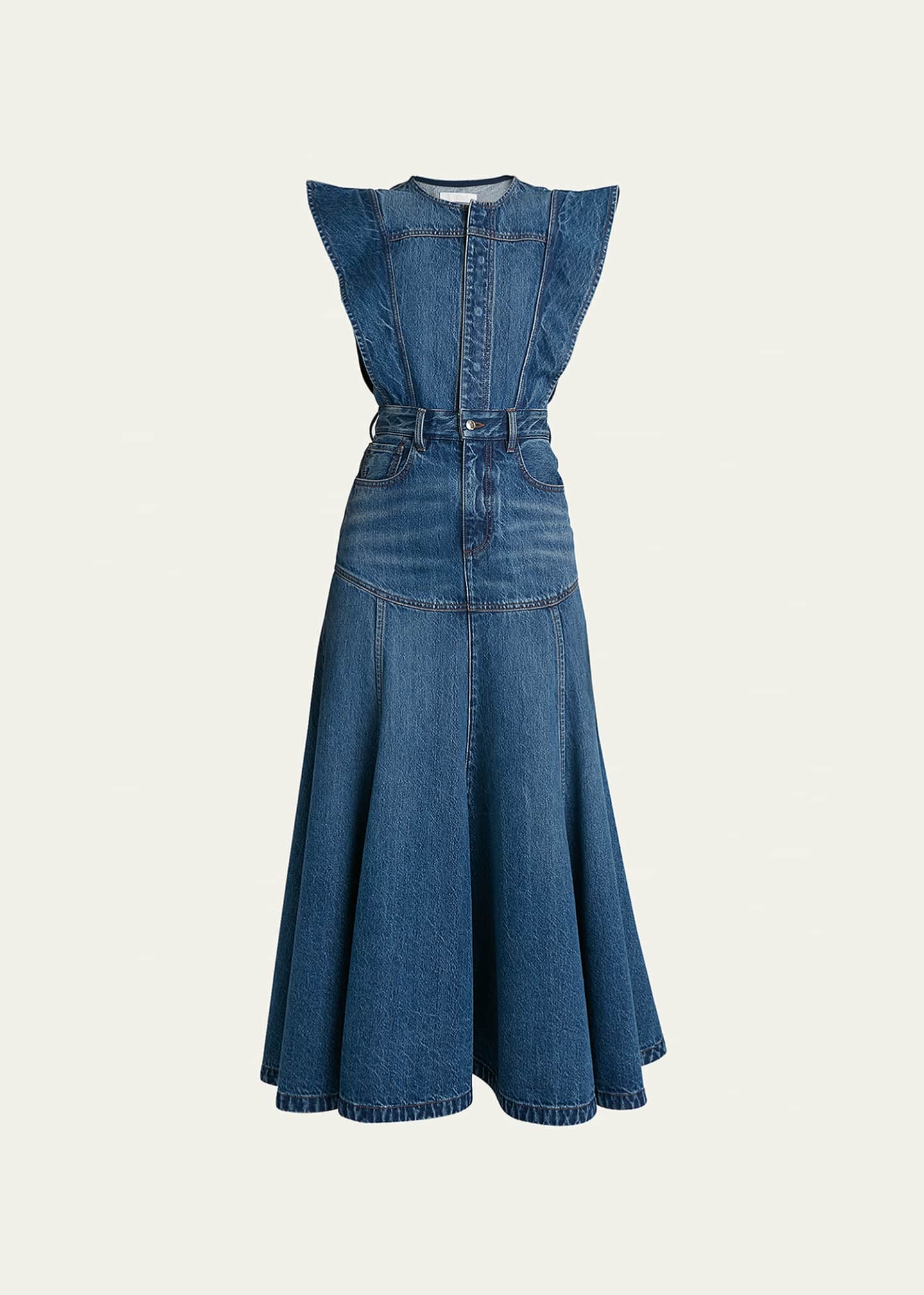 Chloe Denim Flared Basque Cap-Sleeve Midi Dress - Bergdorf Goodman