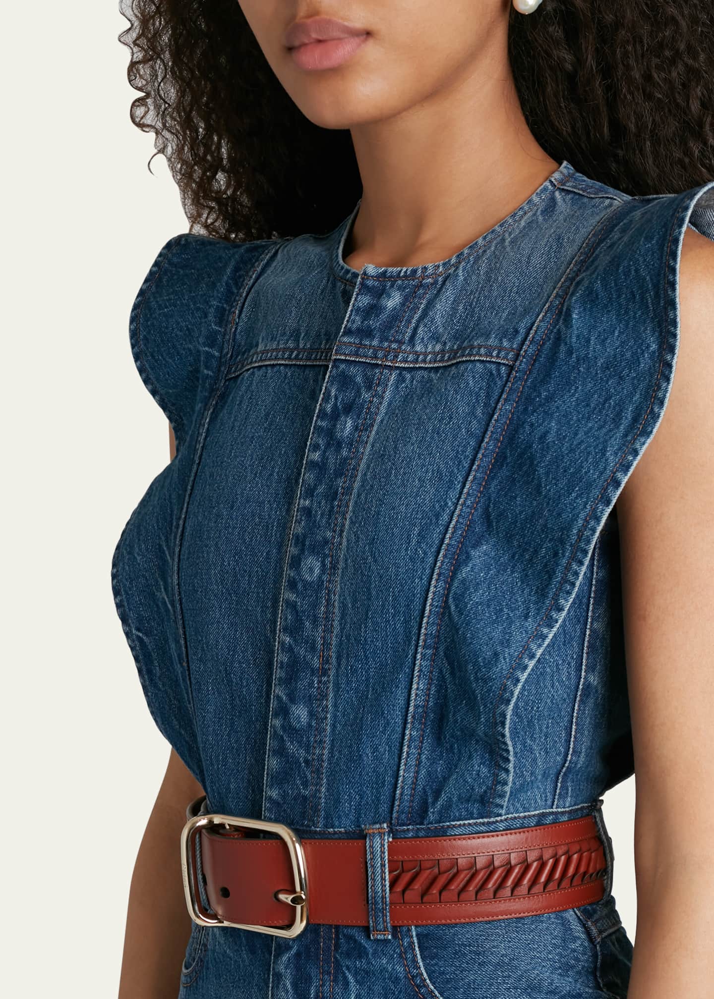 Chloe Denim Flared Basque Cap-Sleeve Midi Dress - Bergdorf Goodman