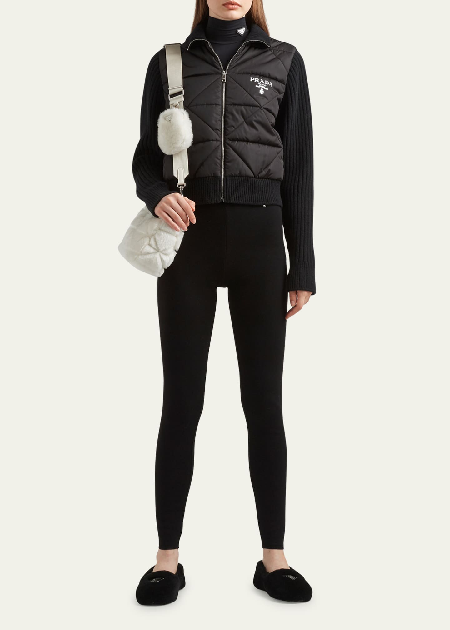 Prada Quilted Nylon Zip-Up Jacket with Wool Sleeves - Bergdorf Goodman