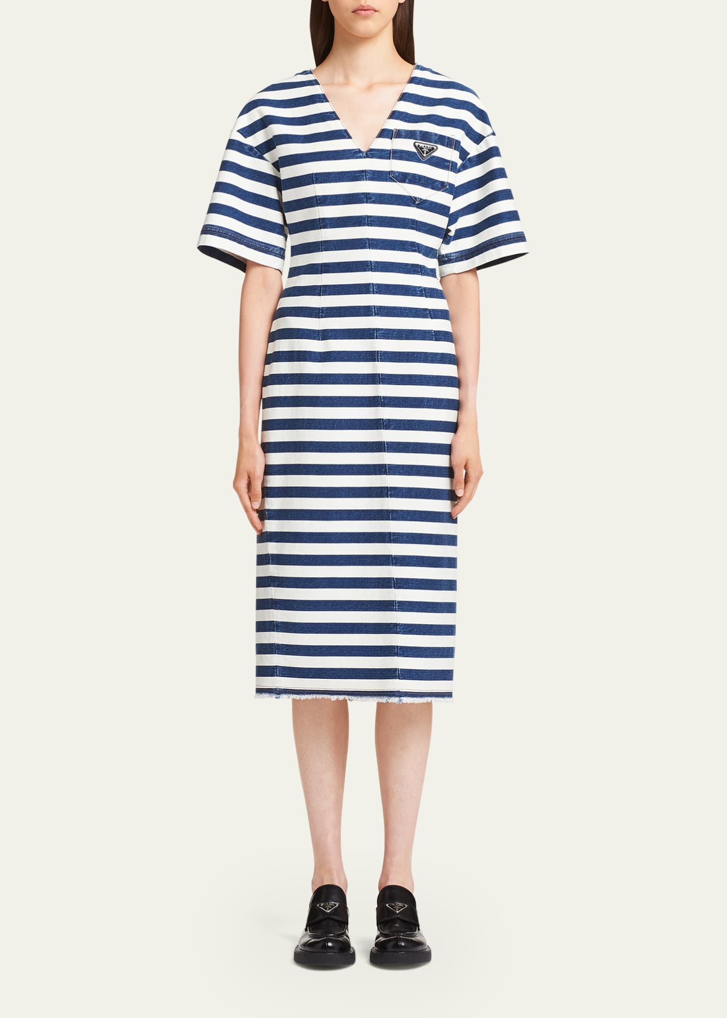 Prada Striped Denim Midi Dress - Bergdorf Goodman