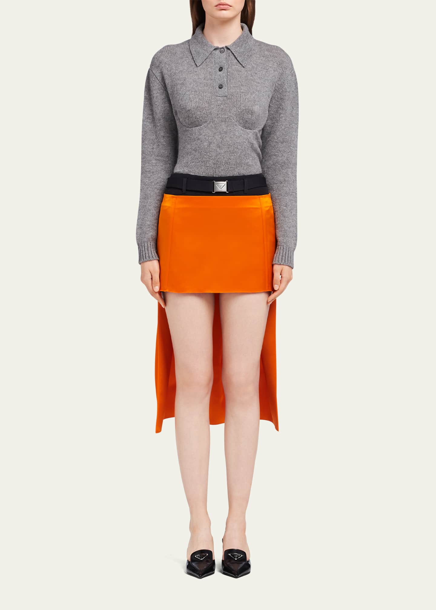 Prada Satin Mini Skirt w/ Pleated Train - Bergdorf Goodman