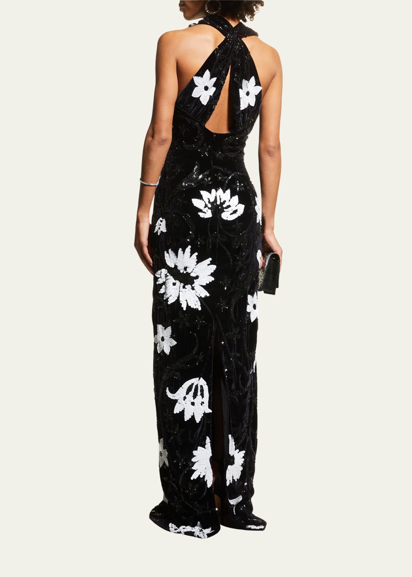 Naeem Khan Floral Sequin Twist-Back Velvet Column Gown - Bergdorf Goodman