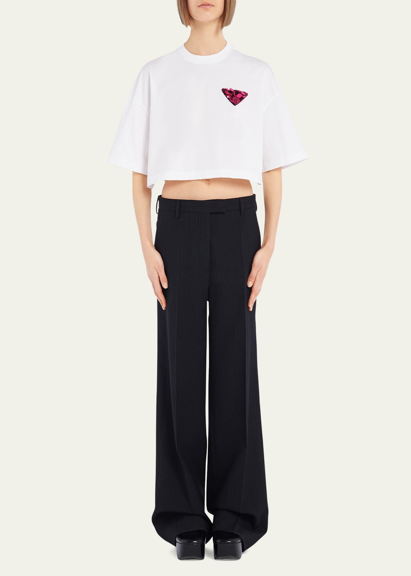 Prada Cropped Jersey T-Shirt with Sequined Logo - Bergdorf Goodman