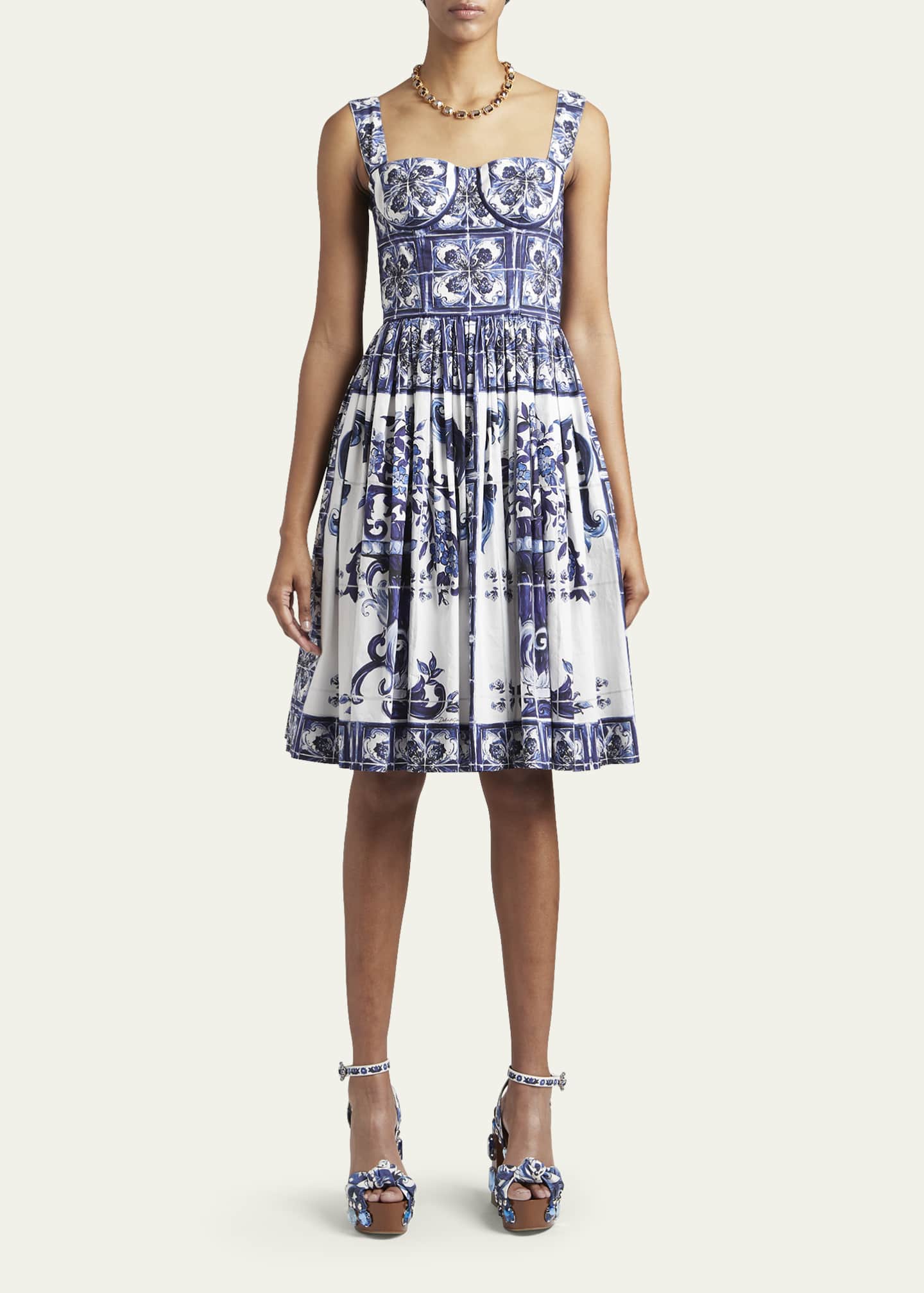 Dolce&Gabbana Tile-Print Pleated Poplin Bustier Dress - Bergdorf Goodman