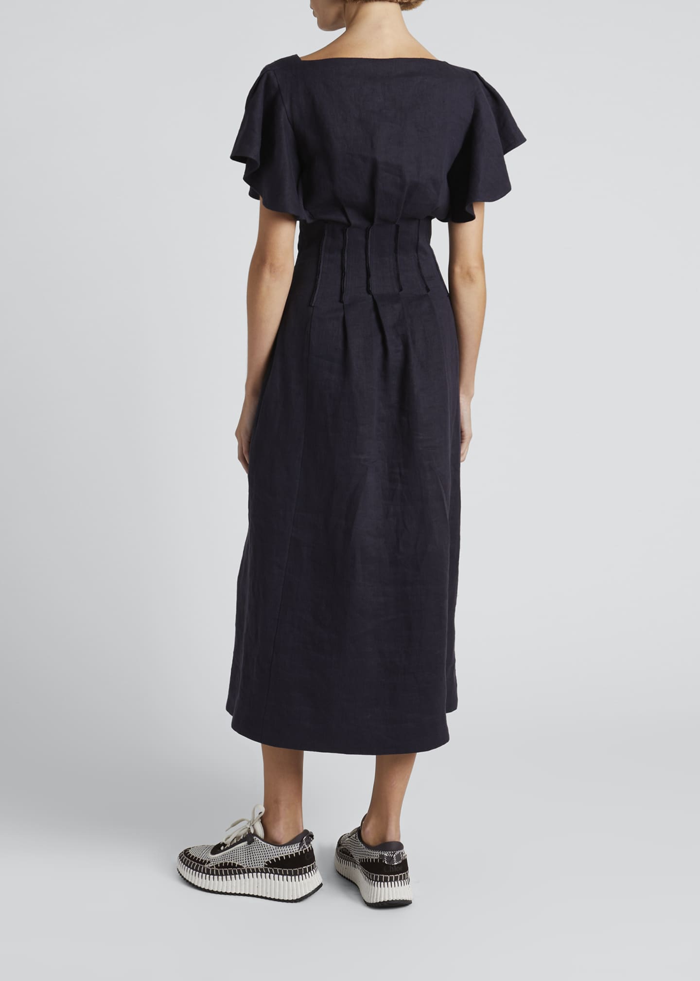 Chloe Flutter-Sleeve Corset Linen Midi Dress - Bergdorf Goodman