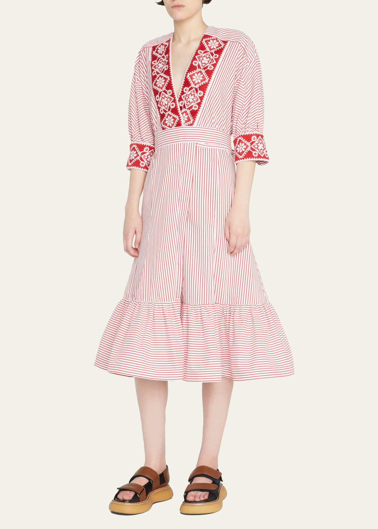 Silvia Tcherassi Britany Striped Embroidered Midi Wrap Dress Bergdorf