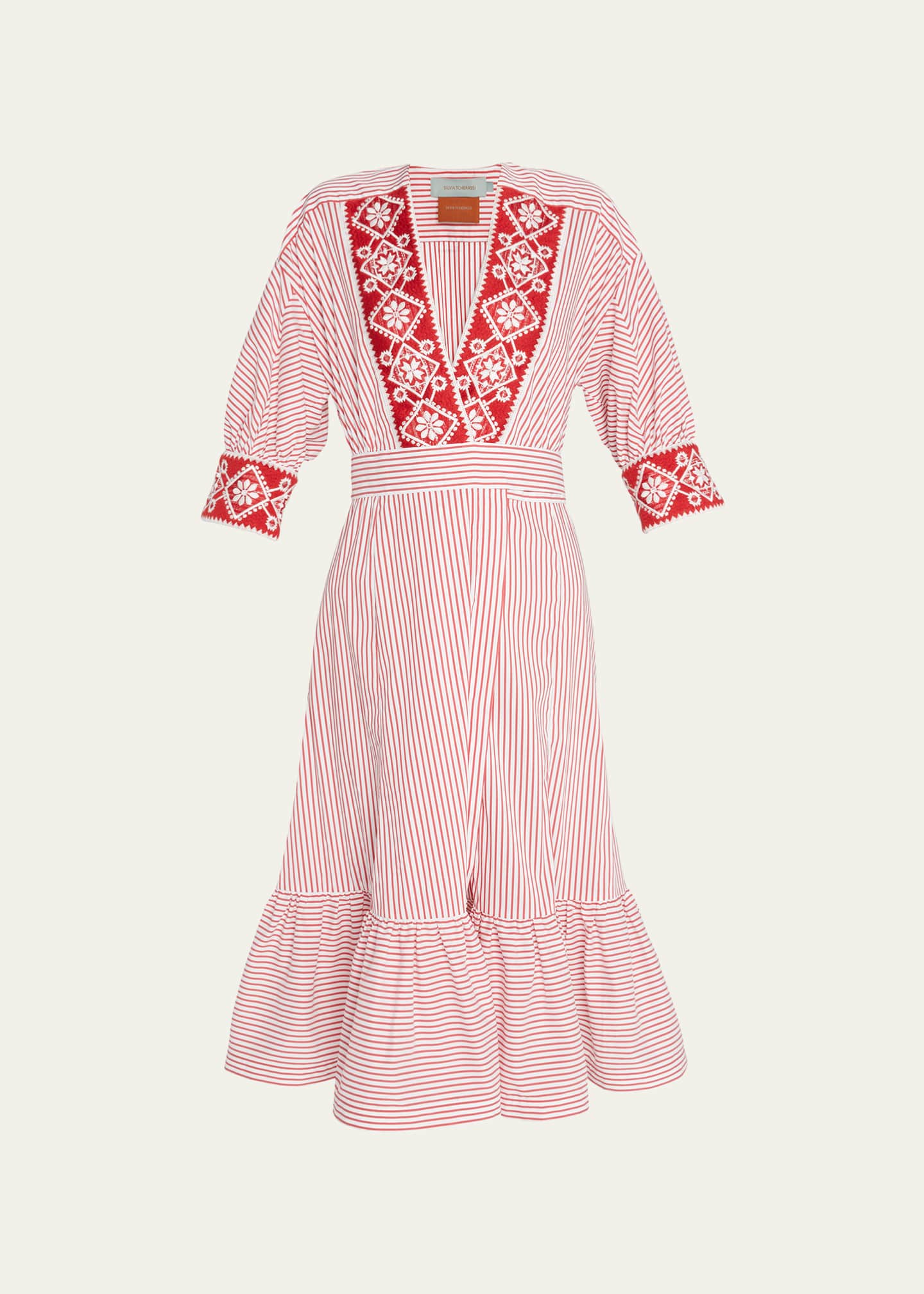Silvia Tcherassi Britany Striped Embroidered Midi Wrap Dress Bergdorf