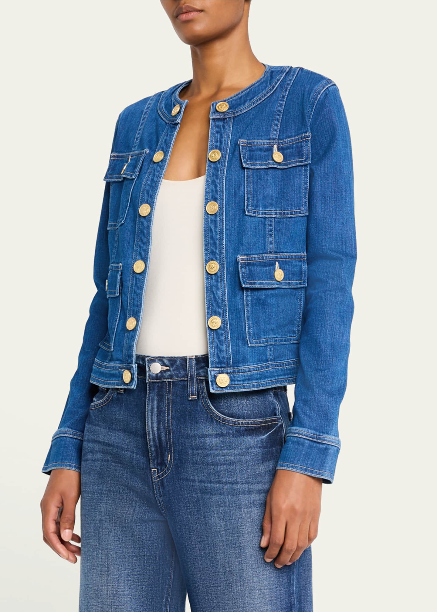 L'Agence Yari Faded Collarless Denim Jacket - Bergdorf Goodman