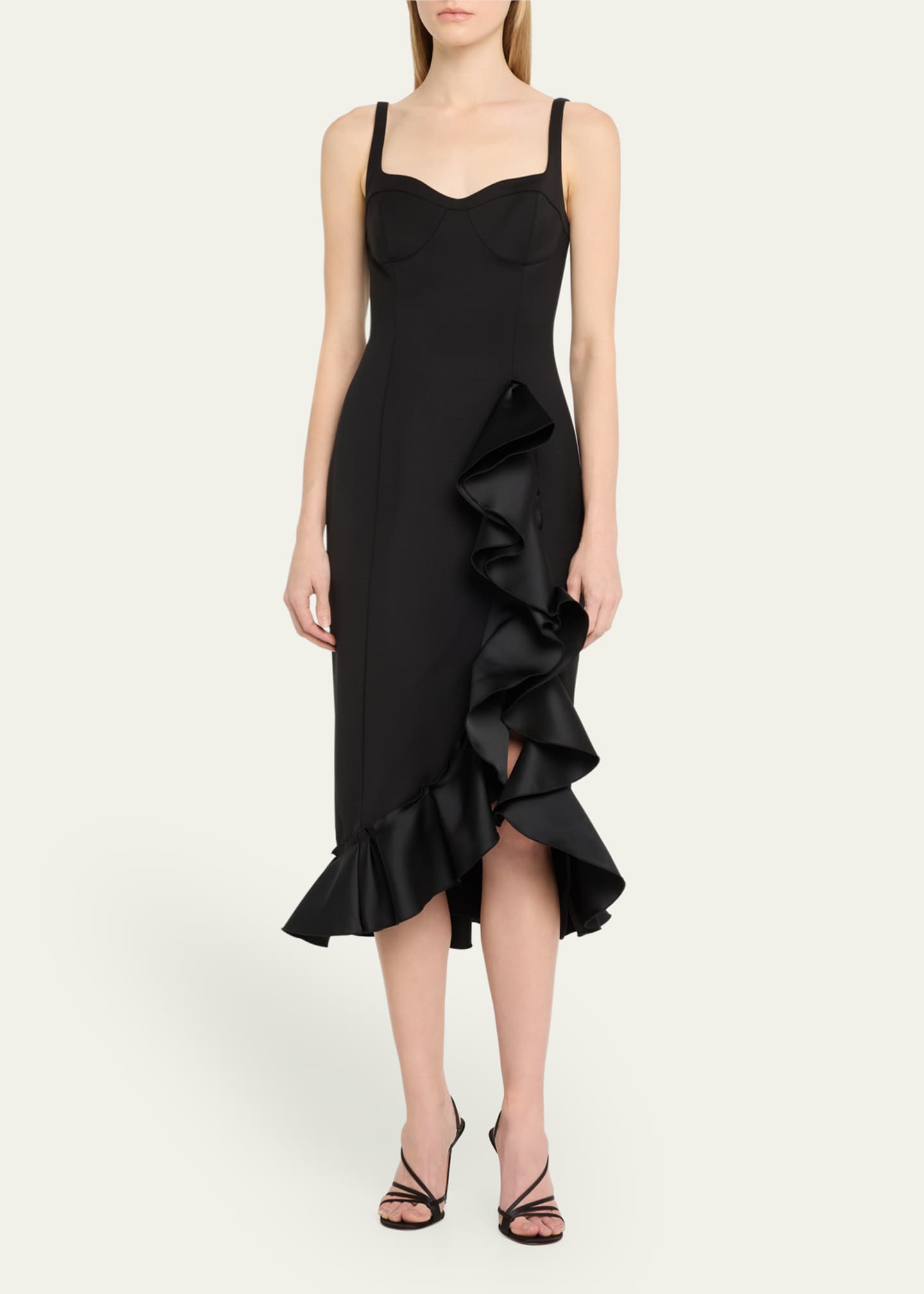 Carolina Herrera Cascading Ruffle Slit-Hem Bustier Midi Dress ...