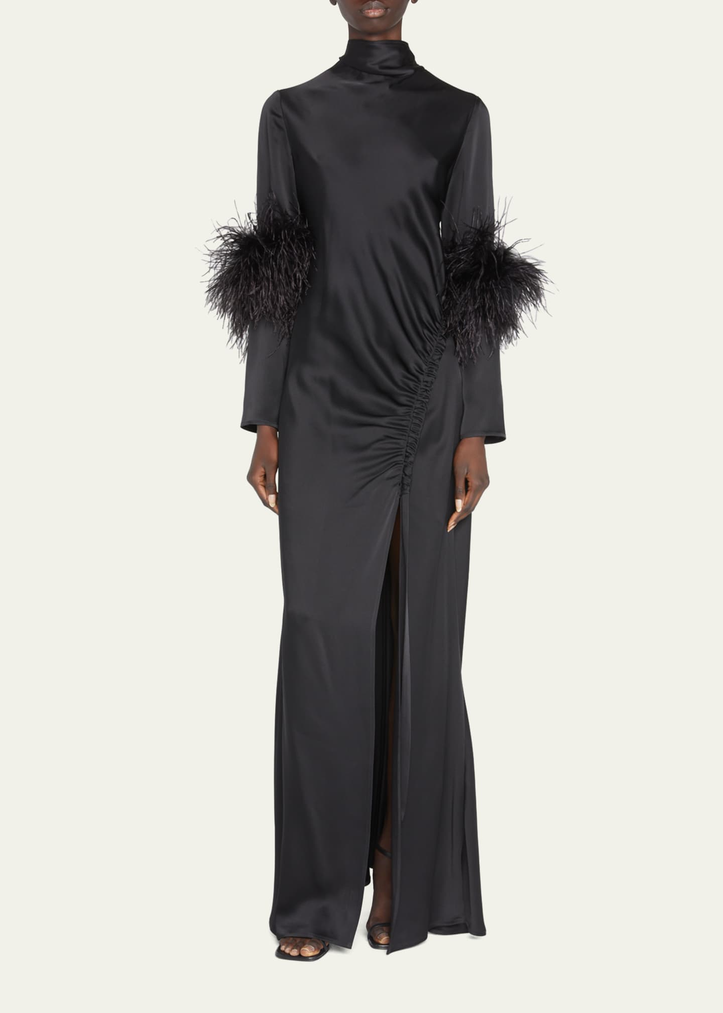 LAPOINTE Feather-Trim Ruched Satin Bias Gown - Bergdorf Goodman