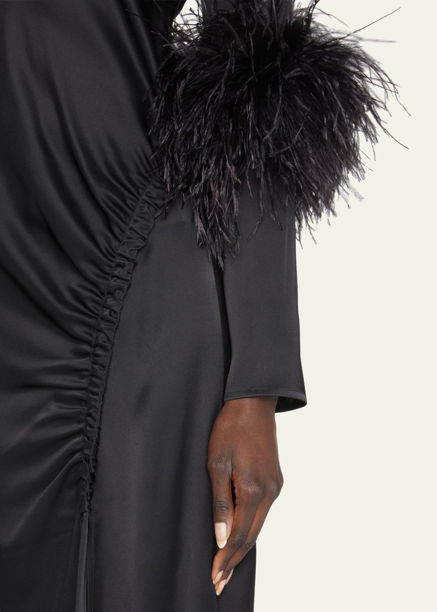 LAPOINTE Feather-Trim Ruched Satin Bias Gown - Bergdorf Goodman